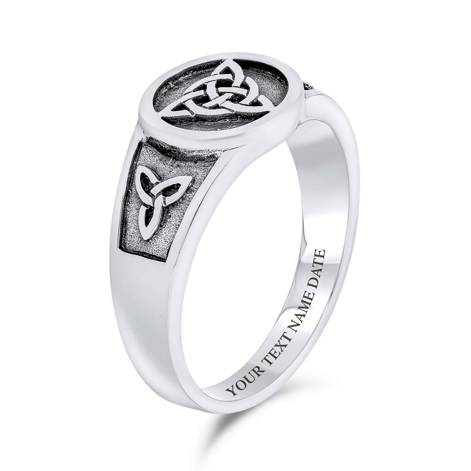 Bling Jewelry Personalized Unisex Ancient Viking Celtic Infinity Trinity Knot Triquetra Signet Ring for Women Oxidized .925 Sterling Silver Customizable