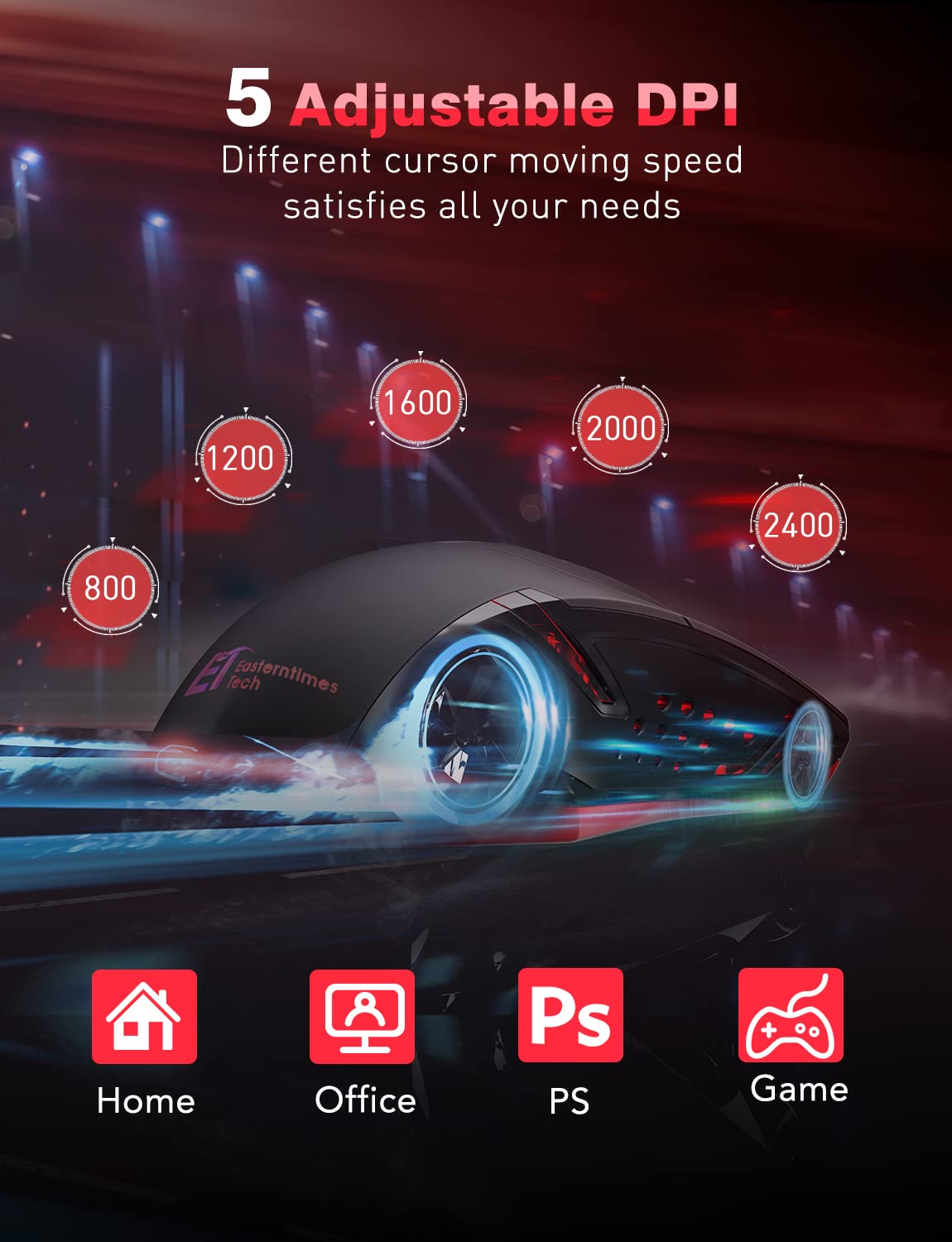 Cudote 2.4G USB Mouse Gaming & Office Mice,Wireless Laptop Mouse- Cordless Computer Mouse 5 Adjustable DPI, Plug & Play for PC, Windows, Mac, Red