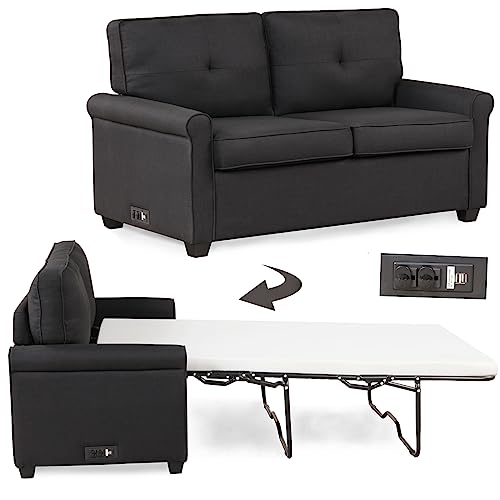 JUBILOOM Pull Out Sofa Couch, Folding Futon Sleeper Bed with 2 USB Ports, Convertible Twin Loveseat Furniture for Compact Small Space, Dorm, Living Room Apartment, Office (Black)