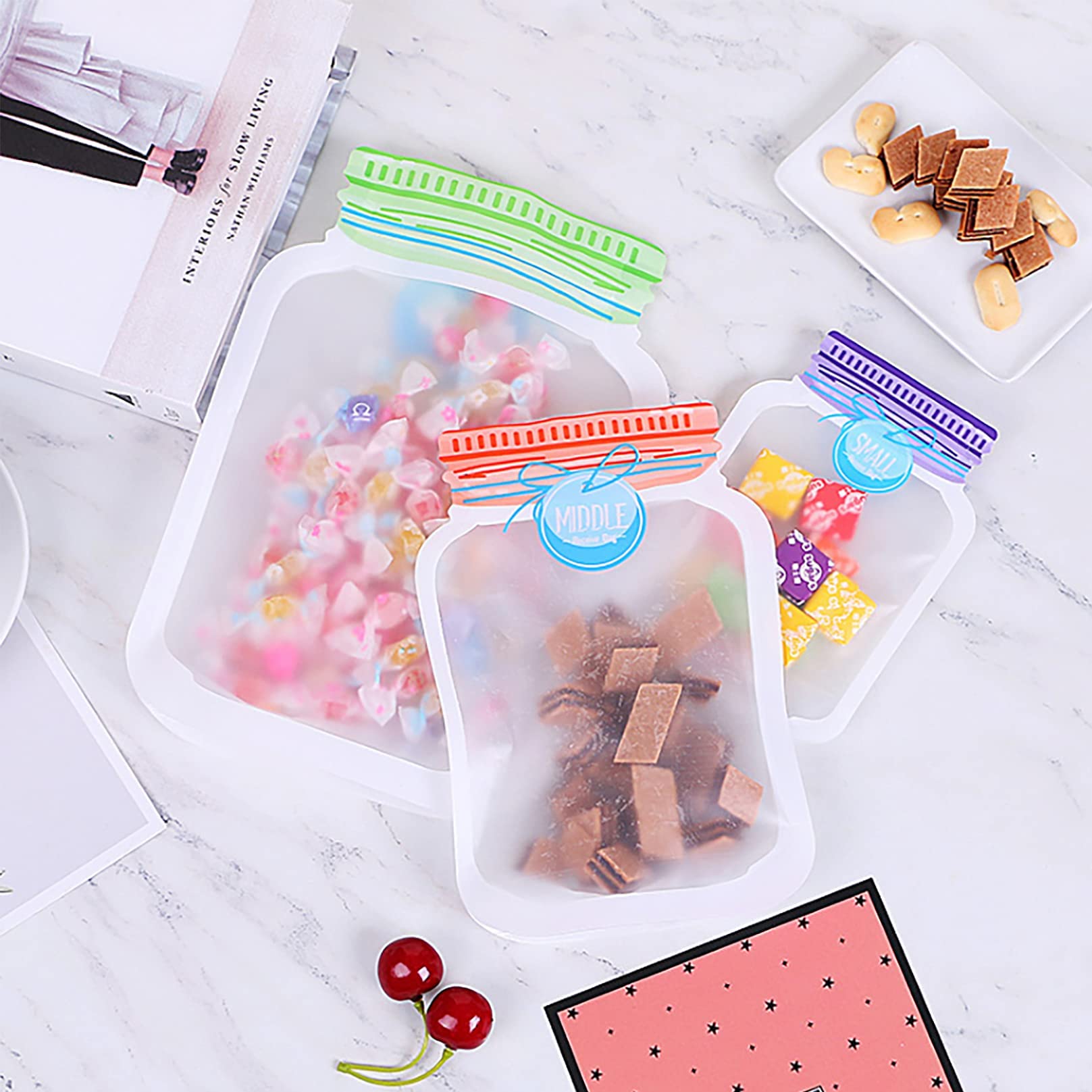 Enkrio 30 Pcs Mason Jar Zipper Bags Reusable Snack Bags Airtight Seal Bags for Kitchen Picnic (5S 10M 15L)