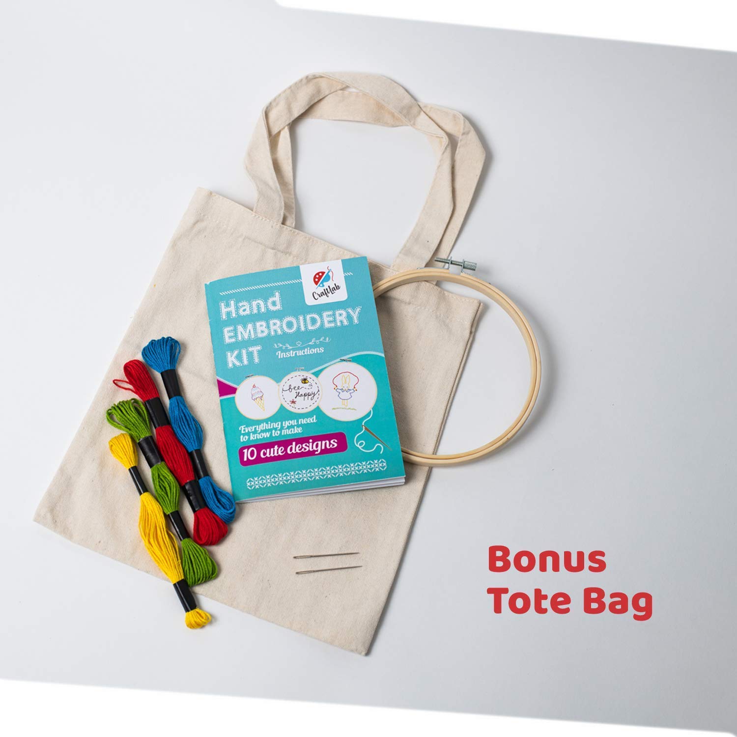 CraftLab Embroidery Sewing Kit for Beginners, Kids Craft Kit Gift for Girls Boys Ages 8-12, 10 Projects, Embroidery Hoops, Fabric, Patterns, Floss, Needles, Needlepoint Cross Stitching Supplies