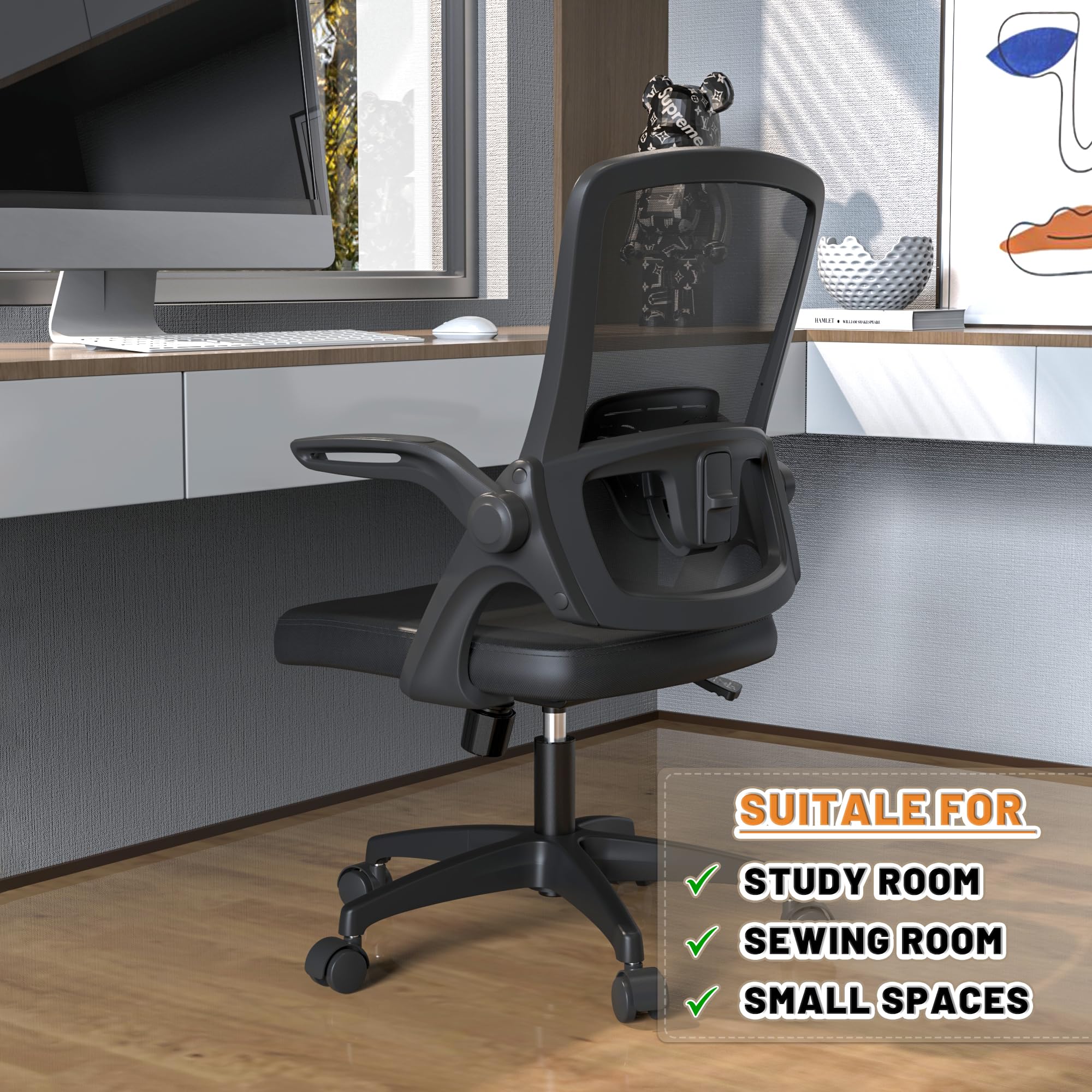 iCoudy Ergonomic Mesh Office Chair Comfy Swivel Home Computer Desk Chair with Flip Up Arms Comfortable Black Modern Computer Chair with Wheels Office Desk Chair with Adjustable Lumbar Support