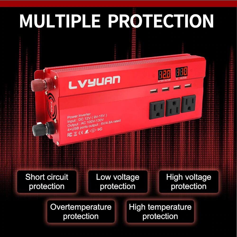 Cantonape 1000W/2000W(Surge) Car Power Inverter DC 12V to 110V AC with 4 Outlets, 4 USB Ports and Input/Output LED Display - Black