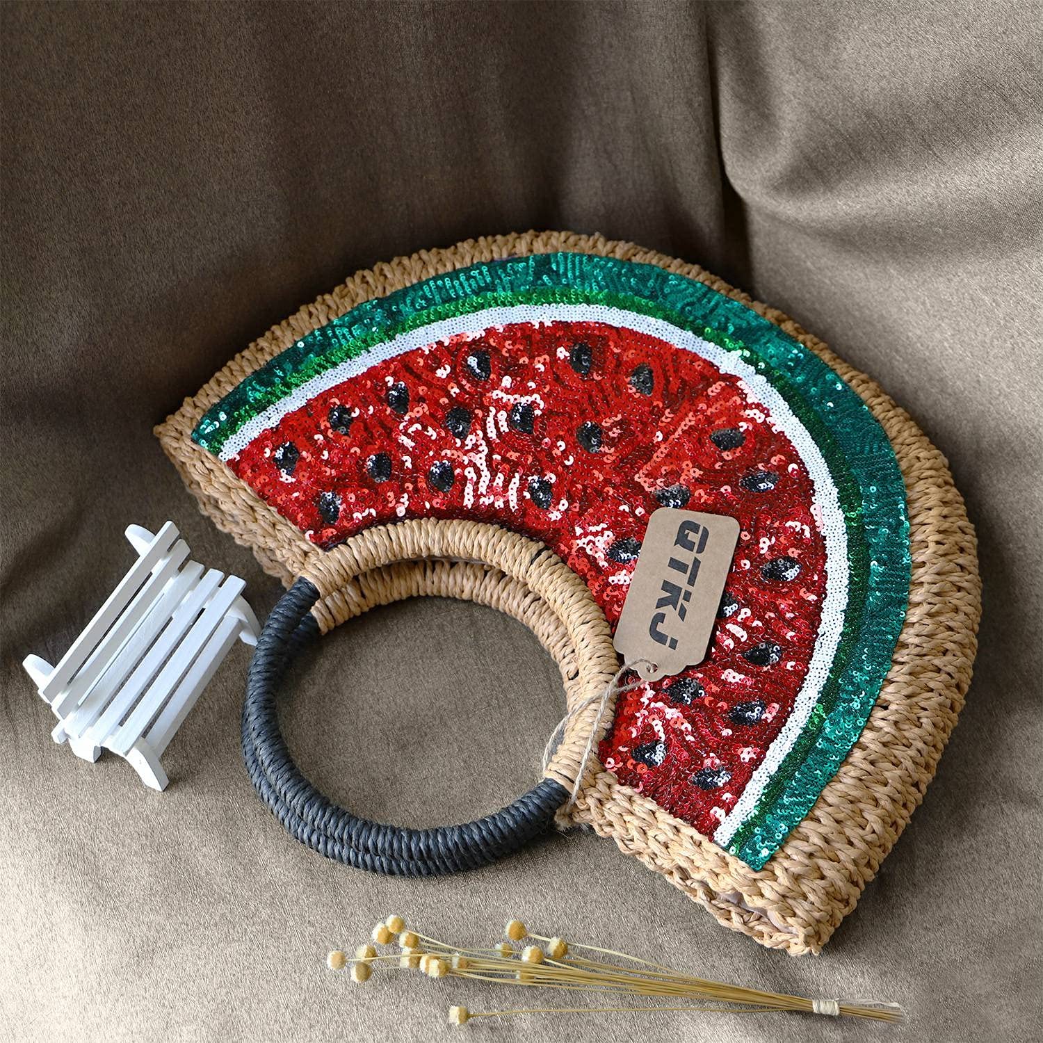 Semi-circle Rattan Straw Handbags, Hand-woven Summer Watermelon Beach Straw Bag with Sequin for Women