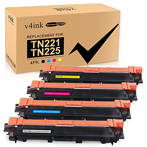 v4ink Compatible Toner Cartridge Replacement for Brother TN221 TN225 (1K+1C+1M+1Y) Work with HL-3140 3142 3150 3152 3170 3172 3180, MFC-9130 9140 9330 9340, DCP-9020, 4-Pack