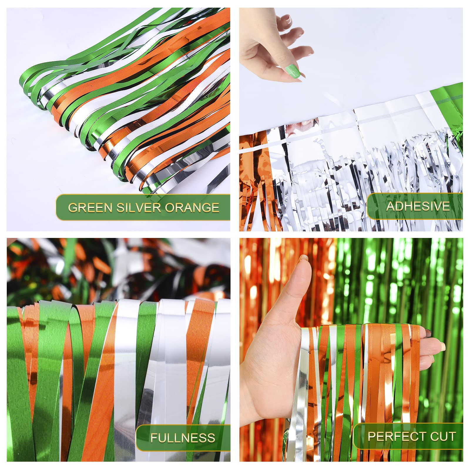 LOLStar 3 Pack St. Patrick's Day Foil Fringe Curtains St Patricks Day Party Decoration 3.3x6.6 ft Green White Orange Tinsel Fringe Curtain Photo Booth Prop Streamer Backdrop for Irish Party Decoration