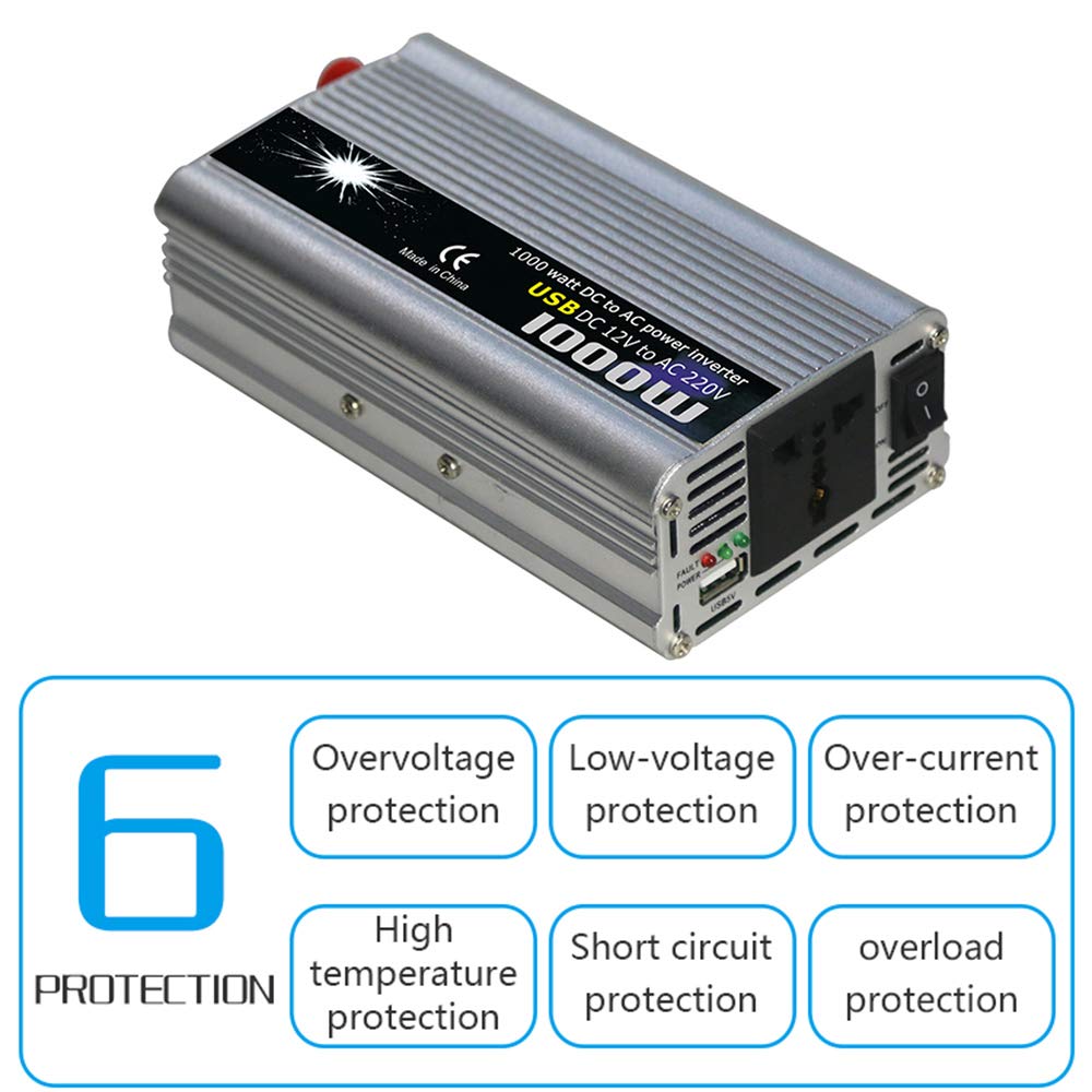 Carrfan Power Inverter Vehicle Power Converter Universal Modified Sine Wave 1000W DC 12V/24V to 100-120V/220-240V AC