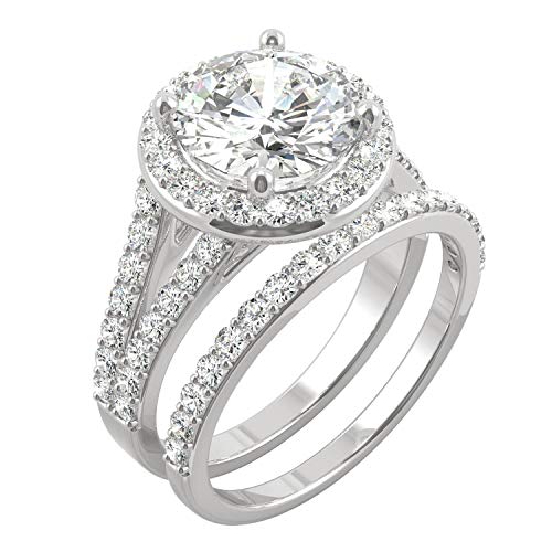 Charles & Colvard Created Moissanite 9mm Round Cut Wedding Ring Set for Women | 3.69 cttw DEW | Lab Grown | Solid 14K White Gold with Rhodium | Size 9