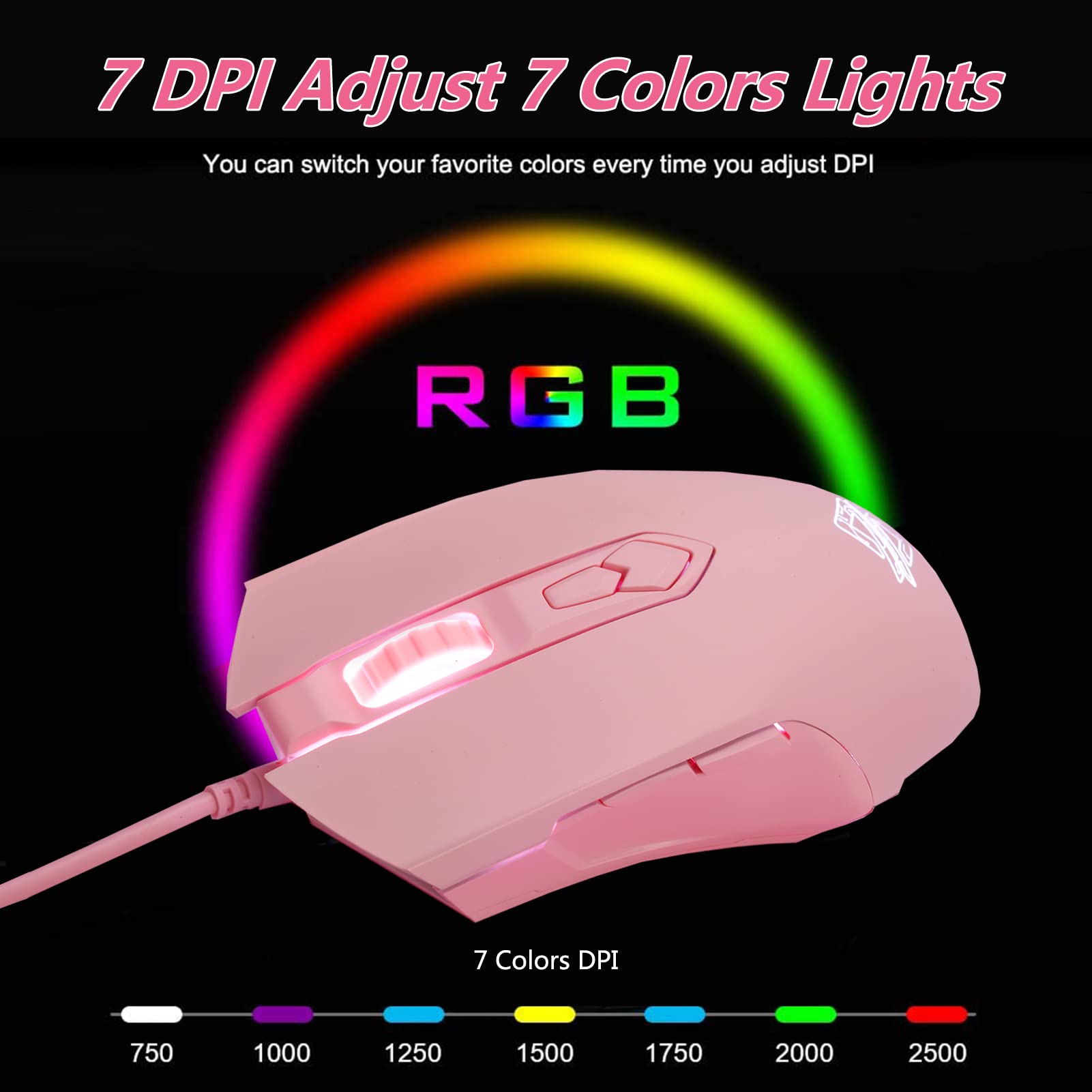Lomiluskr AJ52 Gaming Mice Wired, Programmable 7 Buttons, Computer Mice with RGB LED Backlit, 500-2750 DPI Adjustable,for Windows/Mac OS/Linux (Pink-Old Packing)