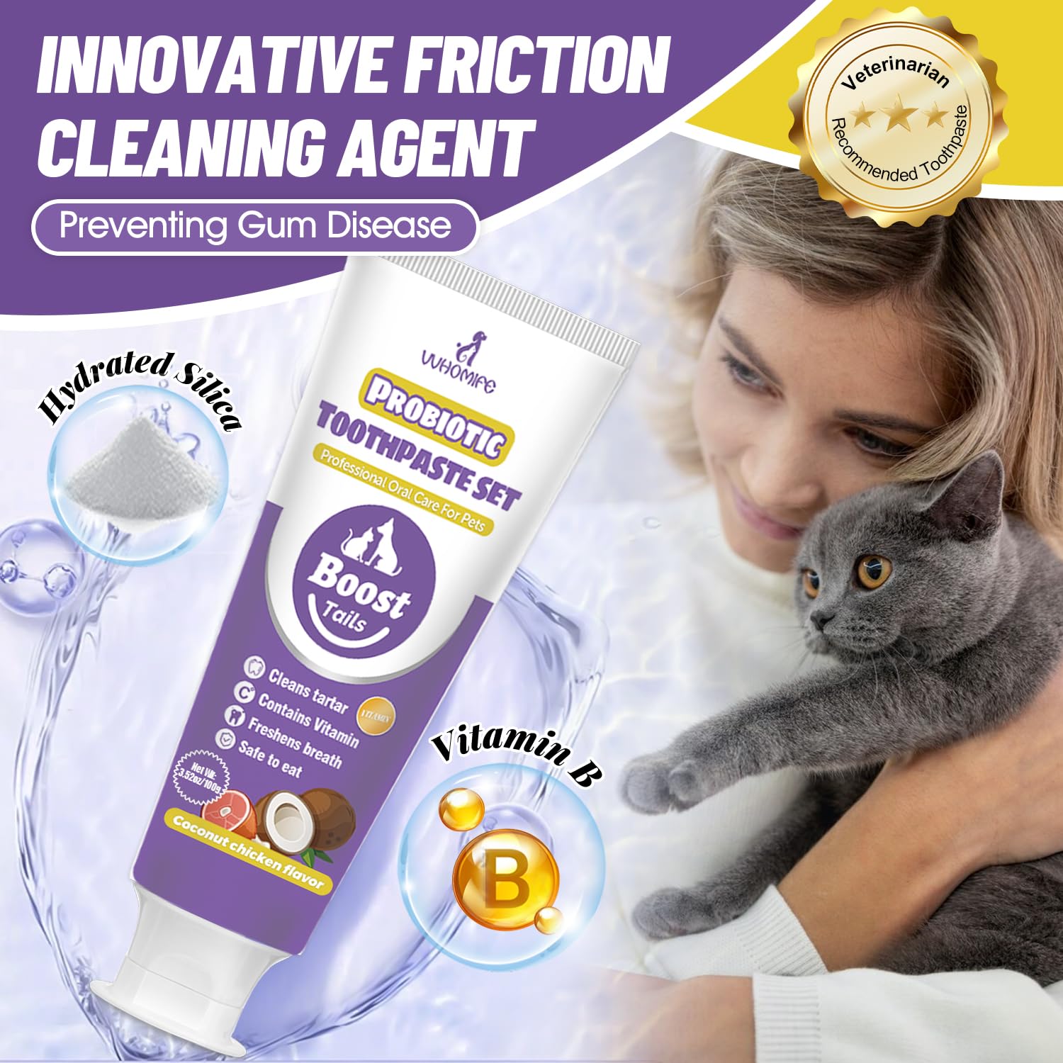 Food Grade Cat & Dog Toothpaste-Enzyme and Probiotic Toothpaste, Enriched with VitaminB. Controls Plaque, Tartar and Bad Breath. Safe & Fresh Toothpaste for Cat and Dog. 3.52oz-Coconut Chicken Flavor