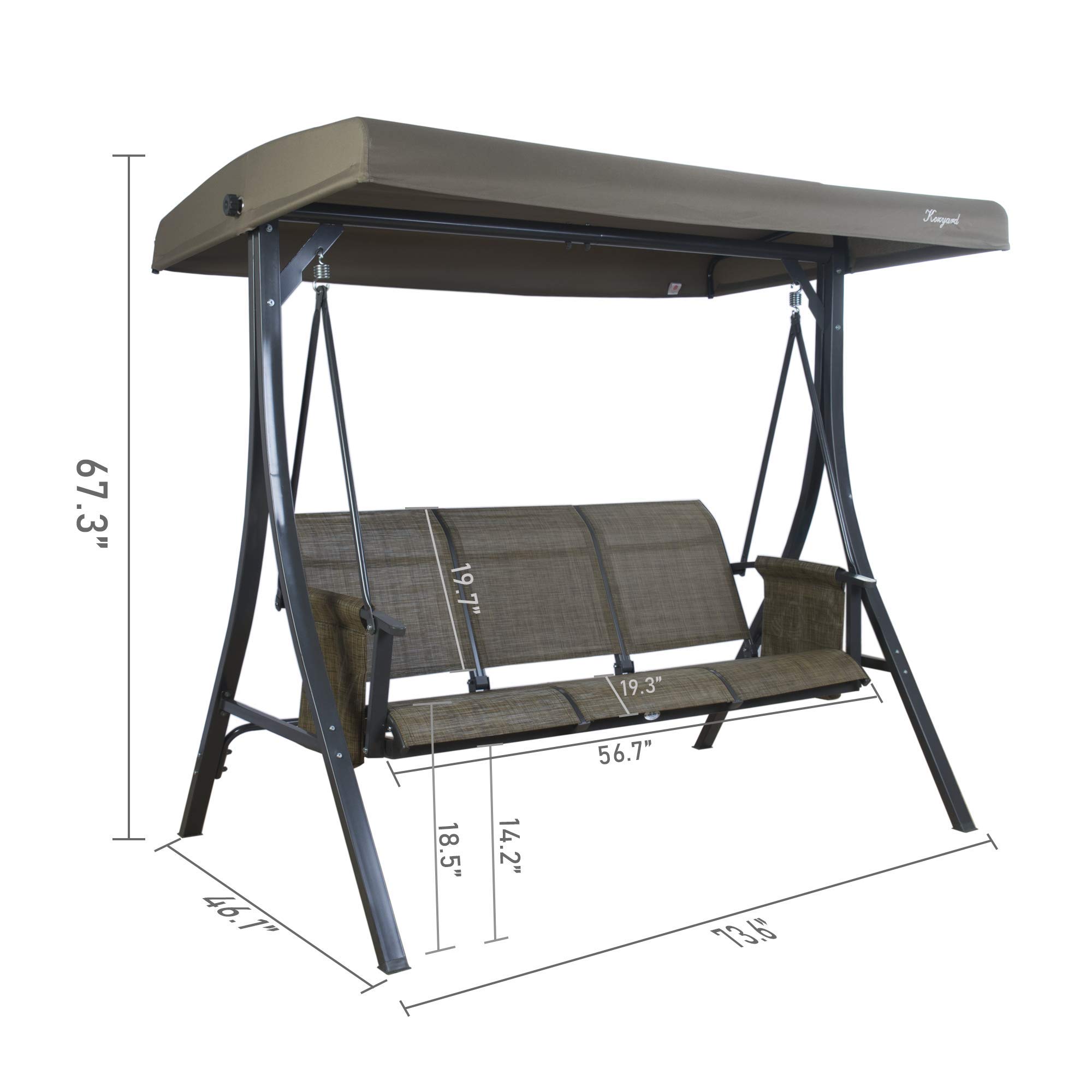 Kozyard Brenda 3-Seat Patio Swing Chair, Outdoor Porch Swing Glider with Adjustable Canopy, Side Pouches, Breathable Seat and Back, for Garden, Poolside, Backyard (Taupe)