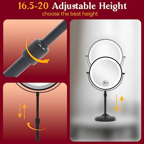 mumianshu 9" Makeup Mirror with Lights and Magnification 10X/1X, 360° Swivel Double Sided 5000 mAh Rechargeable LED Cosmetic Mirror, 3 Color Dimmable Height Adjustable Vanity Desktop Mirror Black