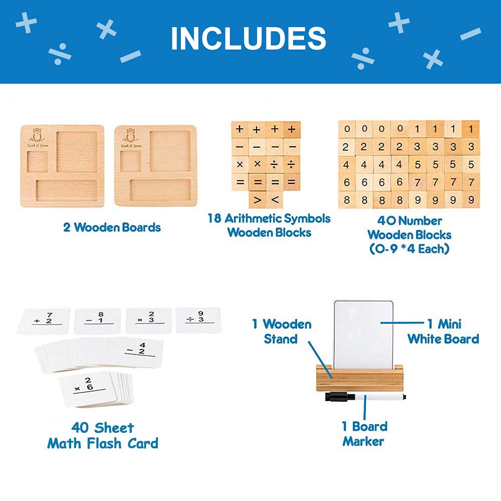 SSol & Sam Educational Math Toys - STEM Counting Toys with Math Flash Cards, Wooden Number Blocks and Boards - Montessori Toys Kindergarten Preschool Kids Ages 4+