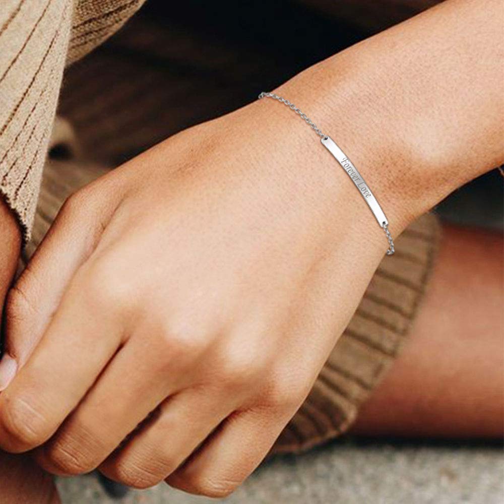 ChicSilver Personalized Bar Bracelet for Women 925 Sterling Silver Engraved Initial Name Nameplate Bar Link Charm Bracelet Identification ID Bracelet Friendship BFF Bracelet Adjustable