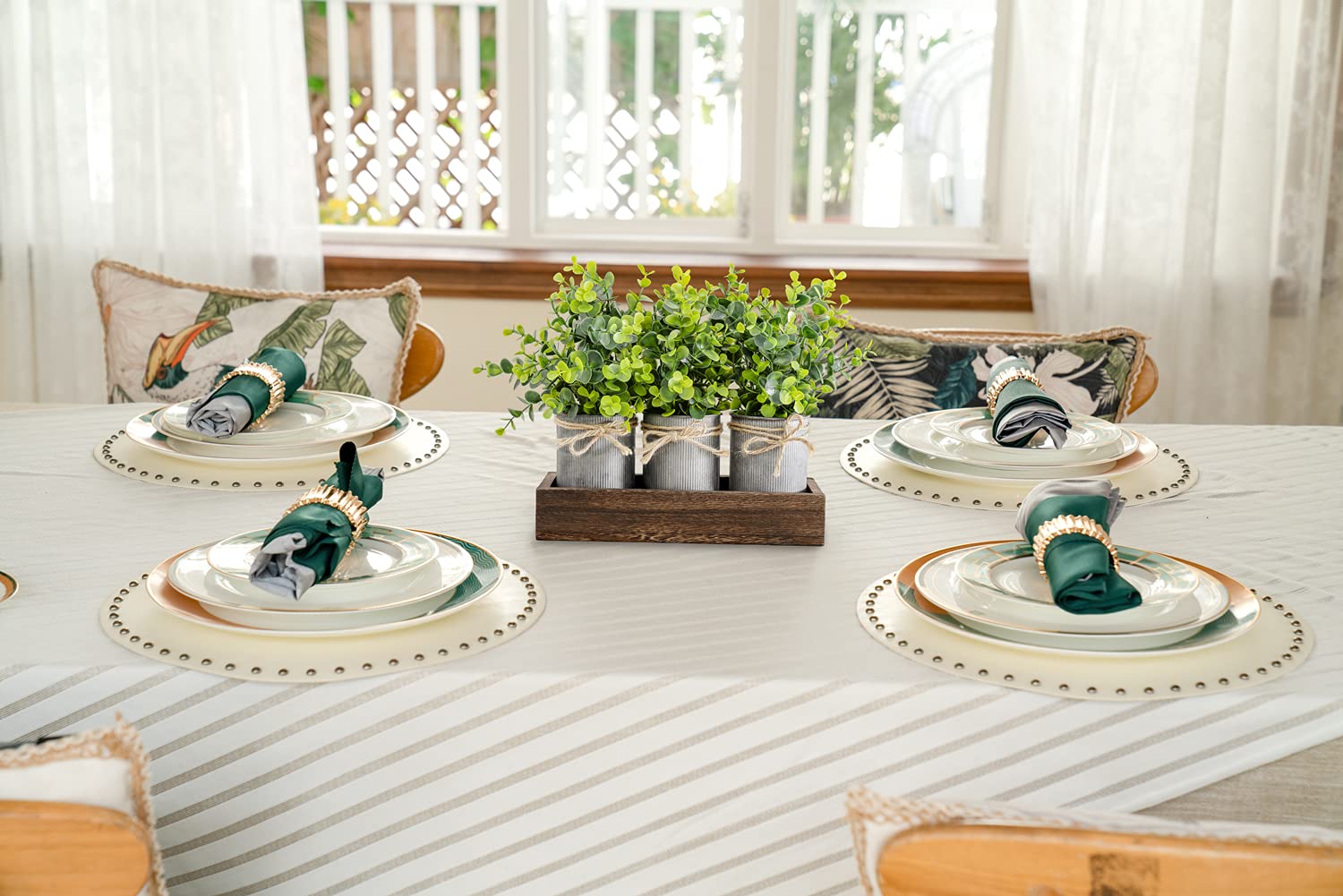 Dahey Decorative Galvanized Metal Pots Table Centerpiece Decor Wood Tray with Artificial Eucalyptus Plants 3 Buckets Rustic Farmhouse Home Decor for Coffee Dining Room Living Room Kitchen Bath, Brown