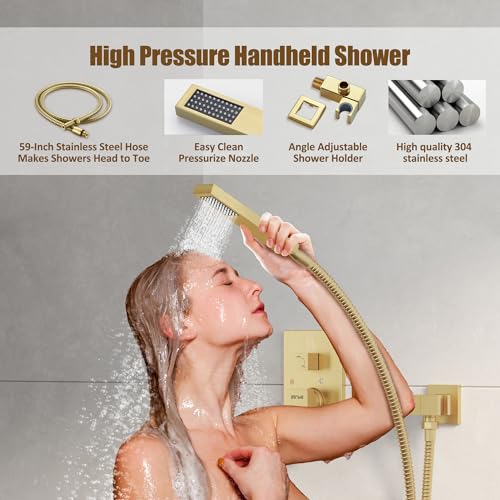 ESNBIA Shower System, Luxury 12 Inches Rain Shower Head with Handheld Combo Set, Ceiling Mounted High Pressure Rainfall Dual Shower Head System, Shower Faucet Set with Valve and Trim, Brushed Gold