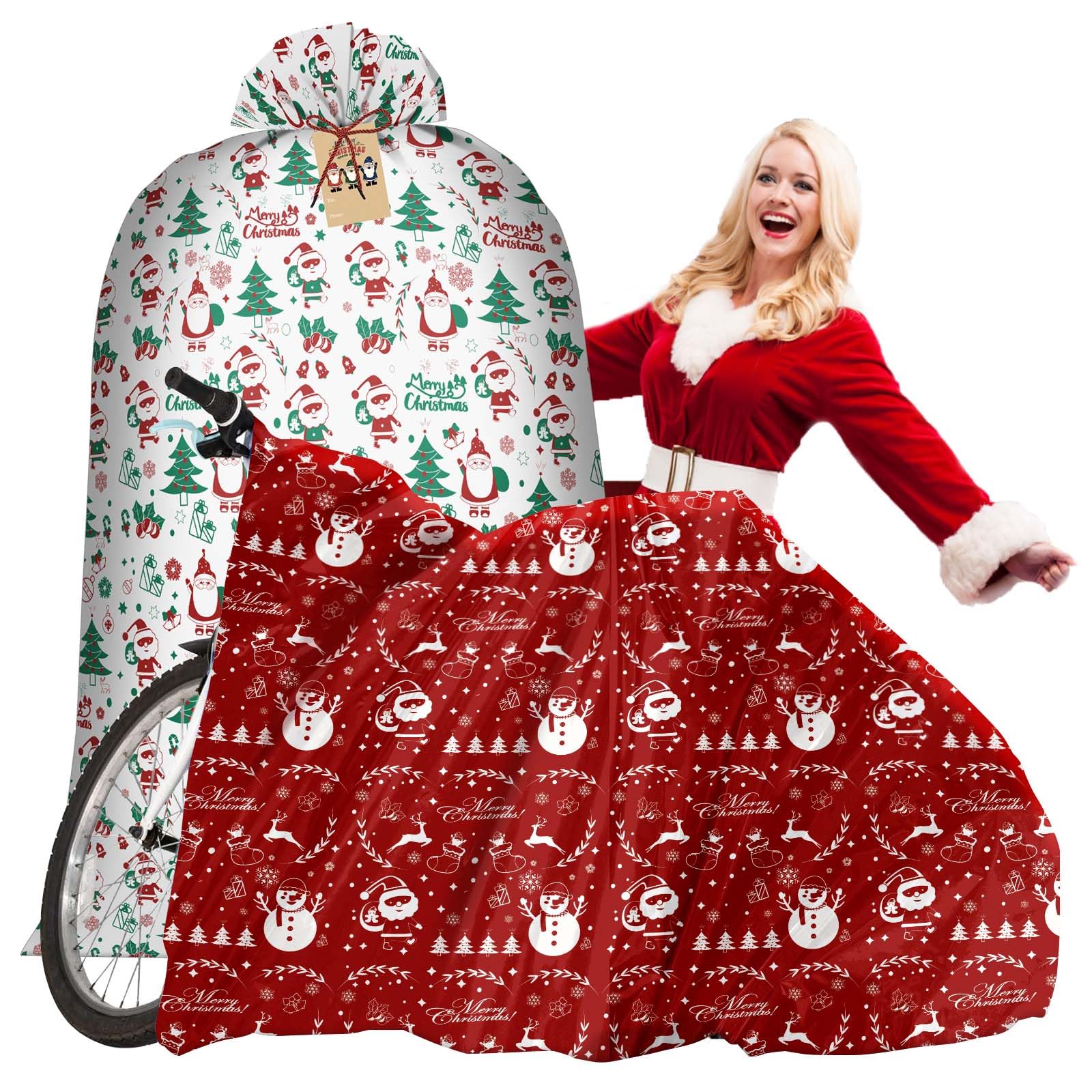 M-sorflly 2Pcs Extra Large Christmas Gift Bags for Presents, 60×70inch Jumbo Christmas Gift Bags, Xmas Oversized Giant Gift Bags for Huge Christmas Gifts Bicycle, Bike and Dolls with 2Pcs Tags