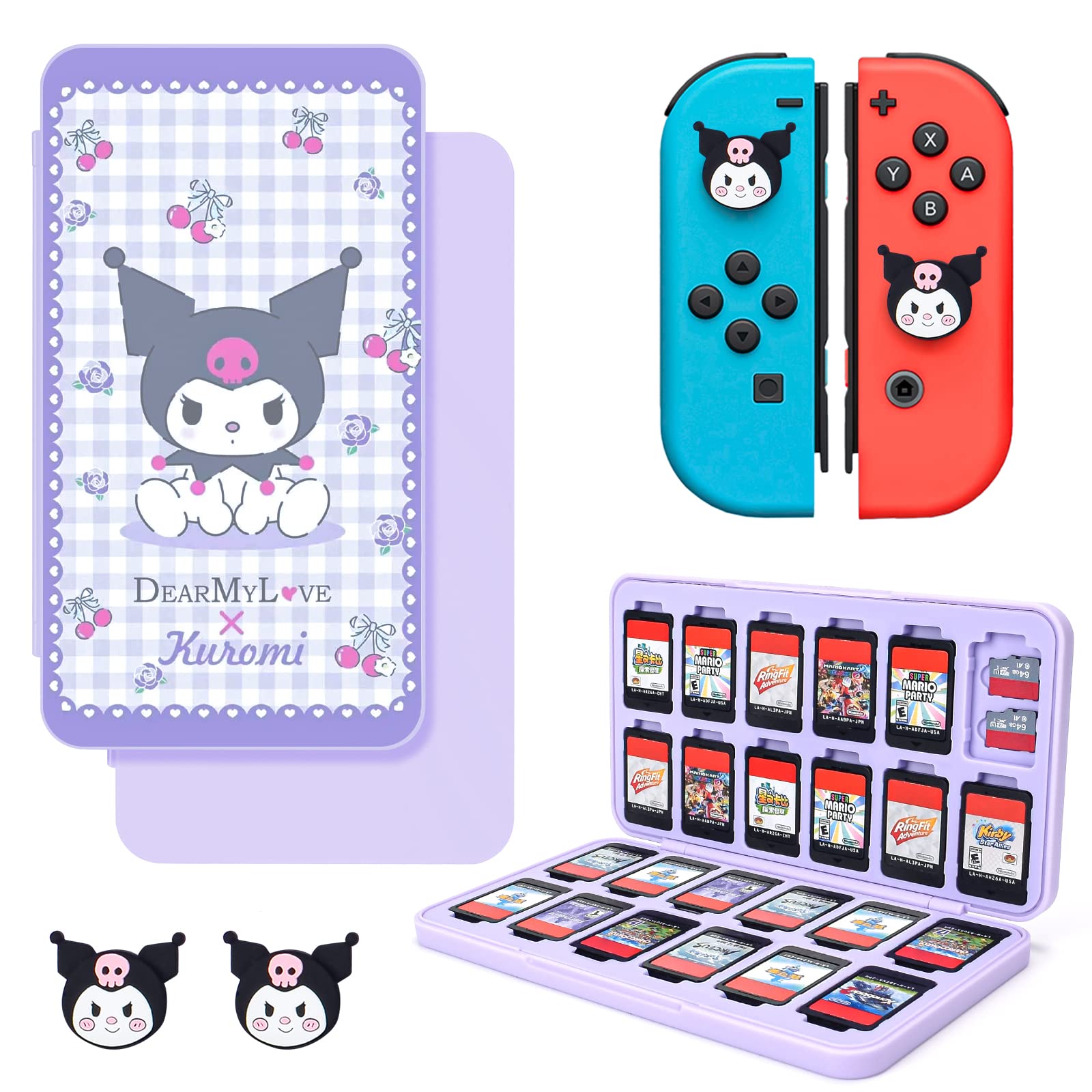 DLseego Little Evil Rabbit Game Case For Switch / Lite / OLED, 24 Slots Game Cards Holder and 48 Micro SD Card Slots, Portable Game Card Storage Cartridge with 2PCS Lovely Thumb Grips -- K Purple