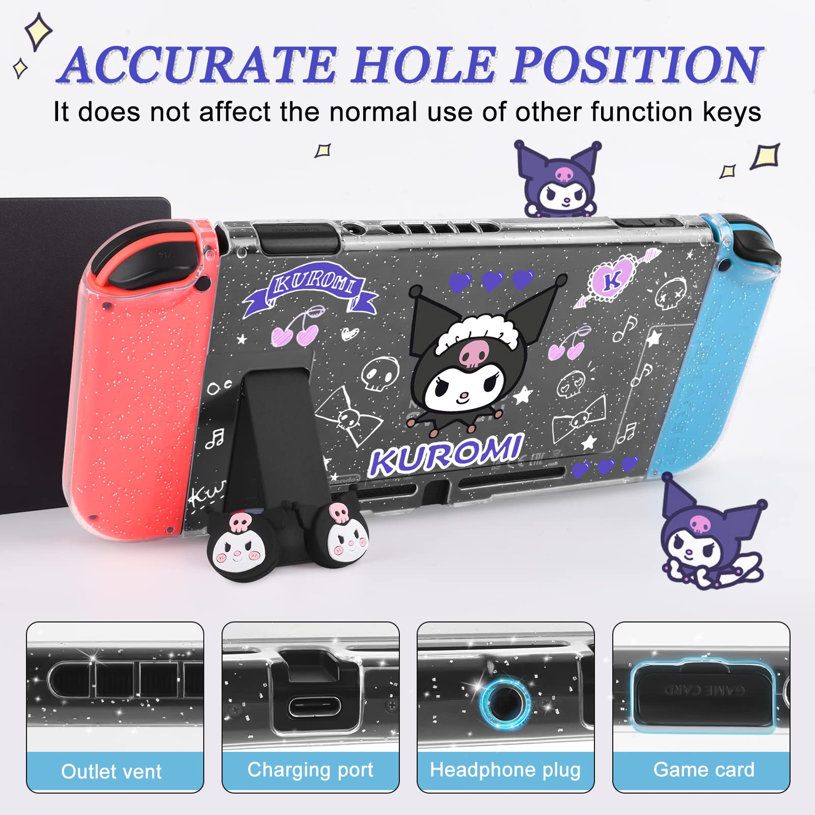 DLseego Little Troublemaker Rabbit Glitter Switch Protective Case Demon Clear Dockable Anti-Scratch Hard Shell Soft TPU Shock-Absorption Joy Con Cover with 2PCS Cute Cartoon Thumb Grips Caps