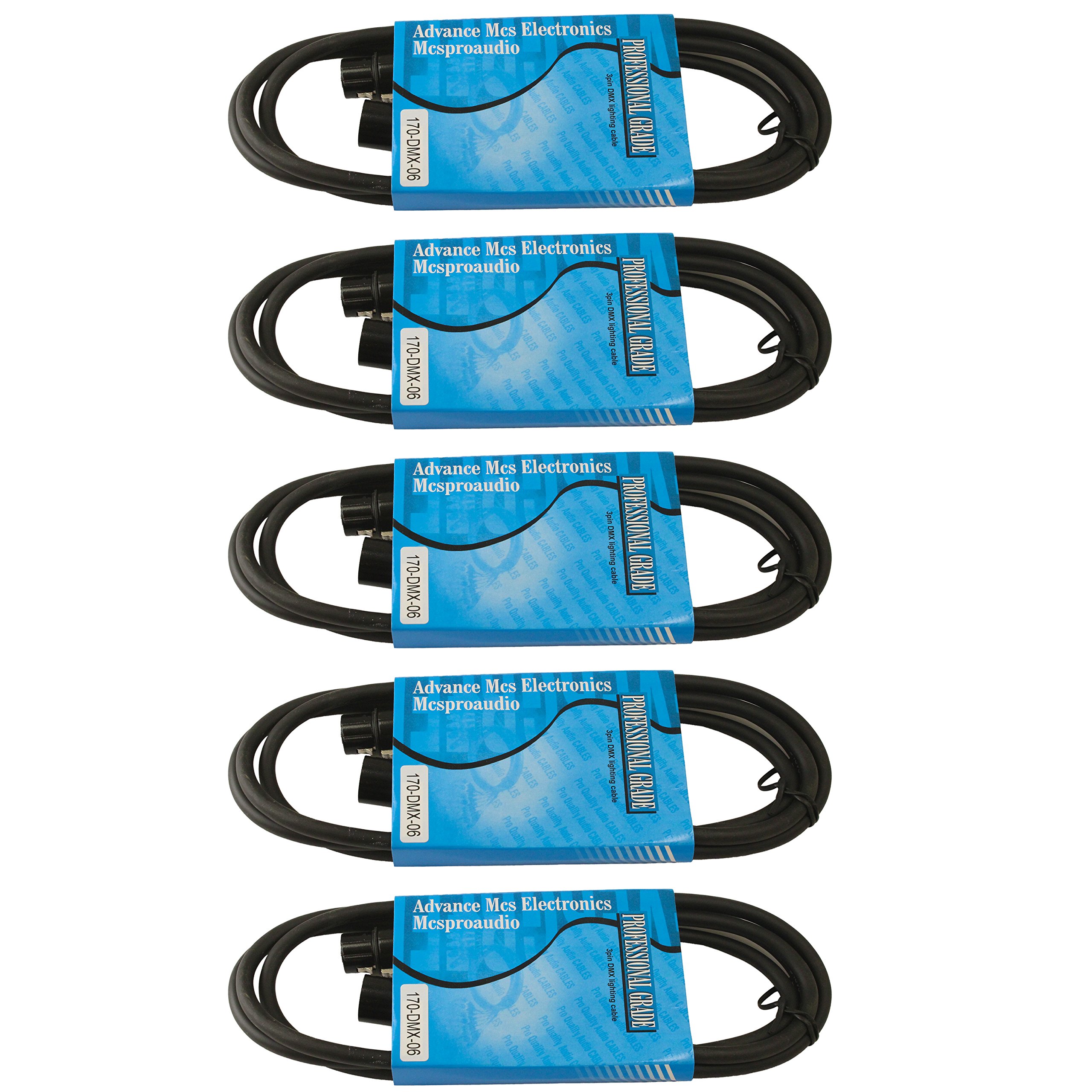 MCSPROAUDIO 110 ohm 3 Pin DMX Lighting Cable (06 ft, 5 Cable Pack)