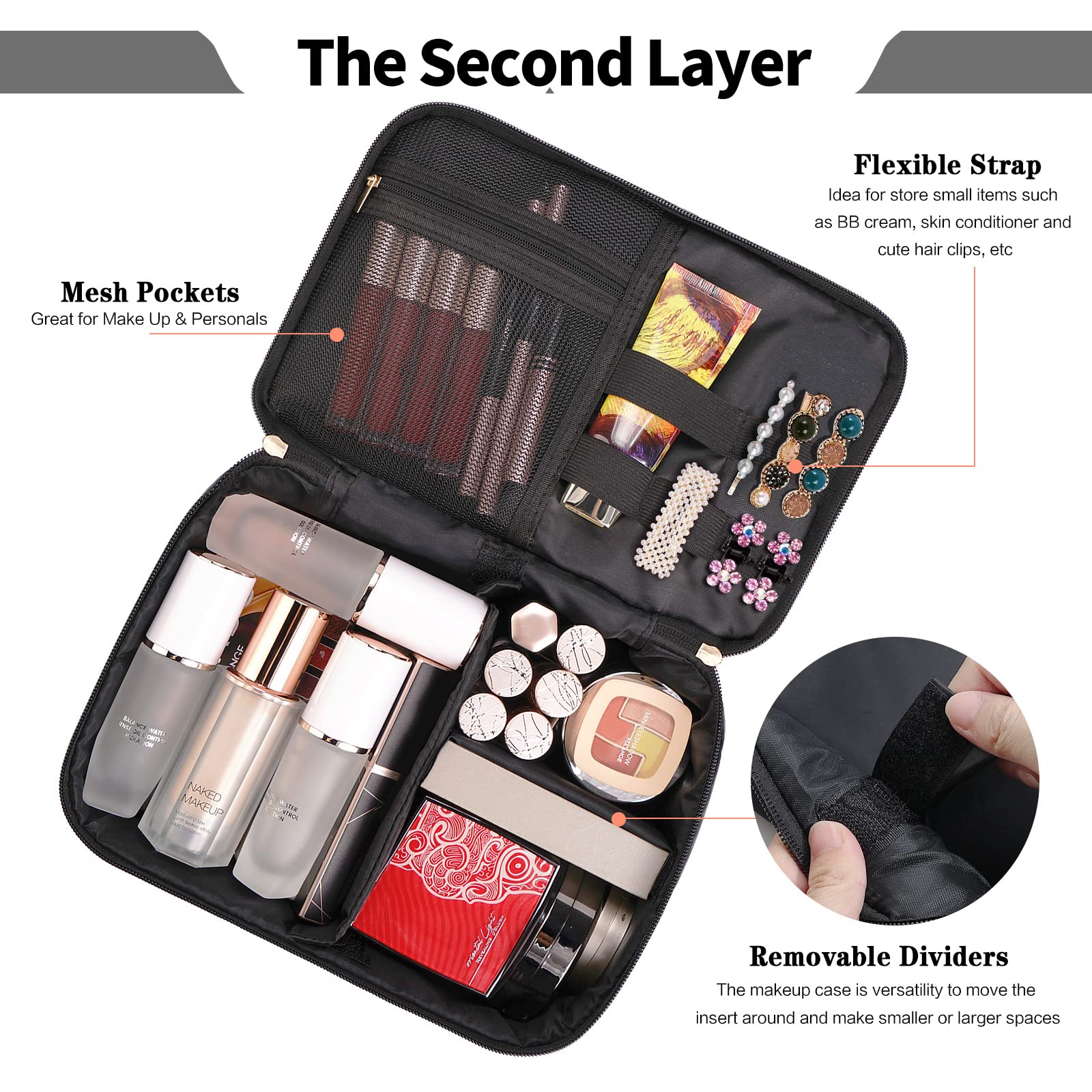MAGEFY 2 PCS Travel Cosmetic Bags Leather Double Layer Organizer Clear Toiletry Bag Black Makeup Bags for Women Gifts with Adjustable Dividers