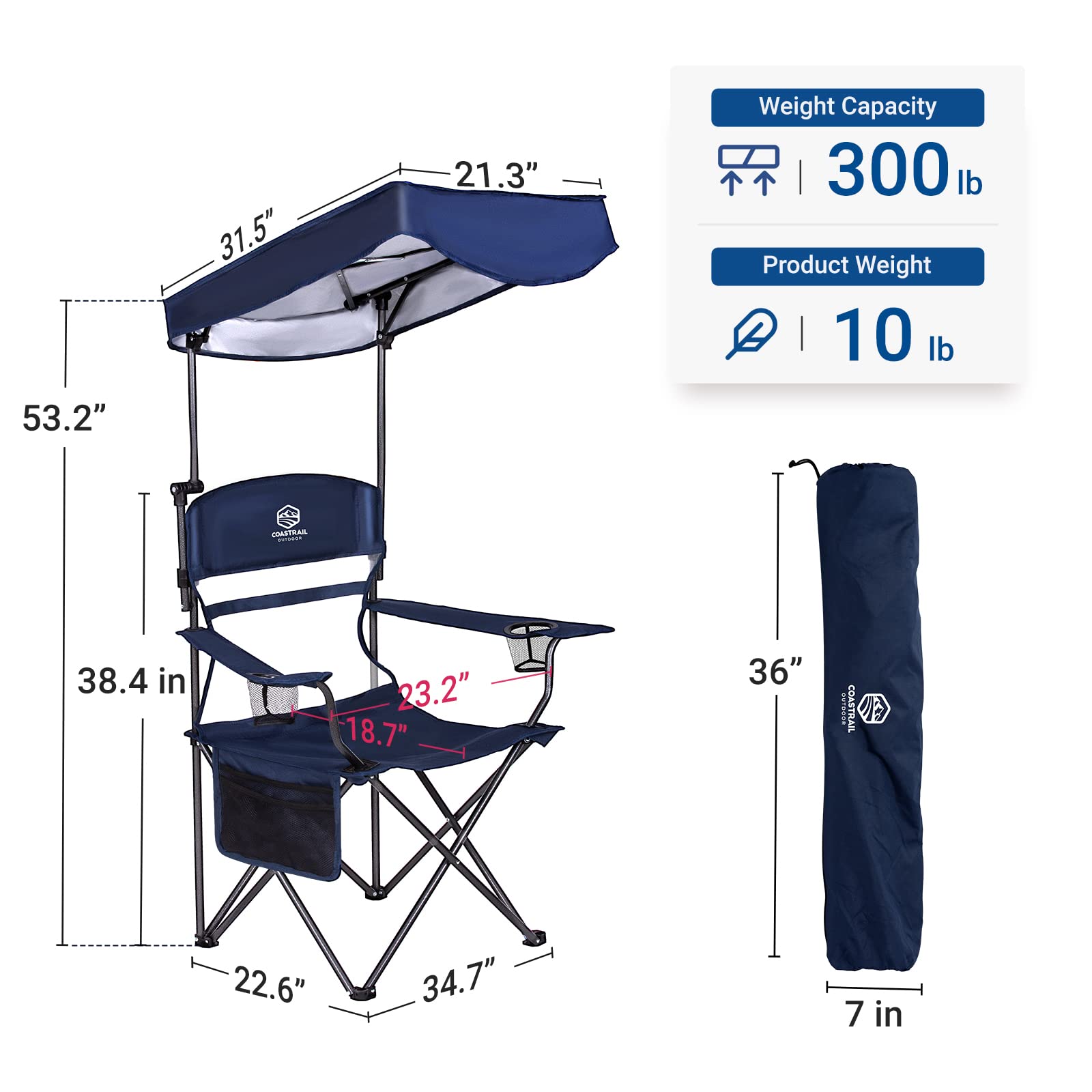 Coastrail Outdoor Canopy Folding Camping Chair with Multi-Position Adjustable Sun Shade Lawn Chair, SPF 50+ Sun Protection with Cup Holder & Storage Pockets, Portable Design for Beach, Camping, Patio