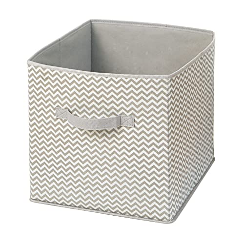 mDesign Large Soft Fabric Closet, Home Storage Organizer Cube Bin Box, Front Handle - Storage for Closet, Bedroom, Furniture Shelving Units - Chevron Zig-Zag Print, 12.75" High, 4 Pack - Taupe/Natural