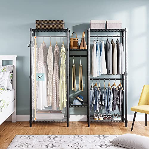Gaomon Clothes Rack, Heavy Duty Clothing Racks for Hanging Clothes, Armoires Freestanding Clothing Organizer with Adjustable Shelves & 4 Side Hooks (Diameter 1.0 inch)