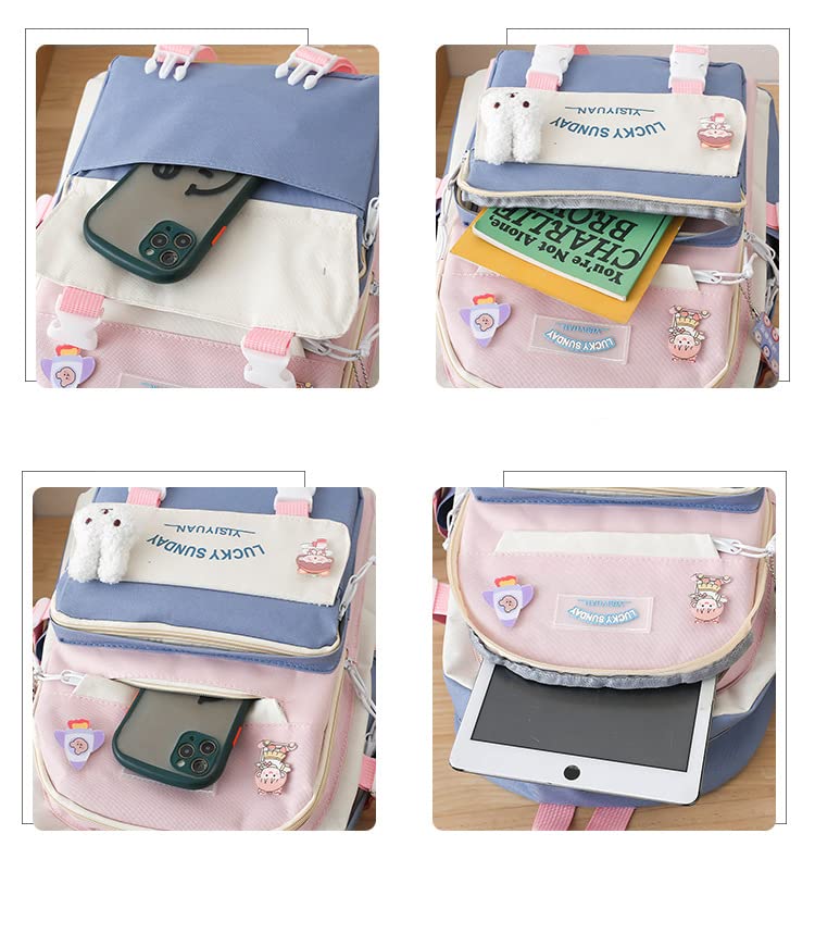 MWZING 5 Piece Backpack Set kawaii Backpack with Cute Bear Doll and Pins Canvas Backpack Large Capacity Aesthetic Shoulder bag