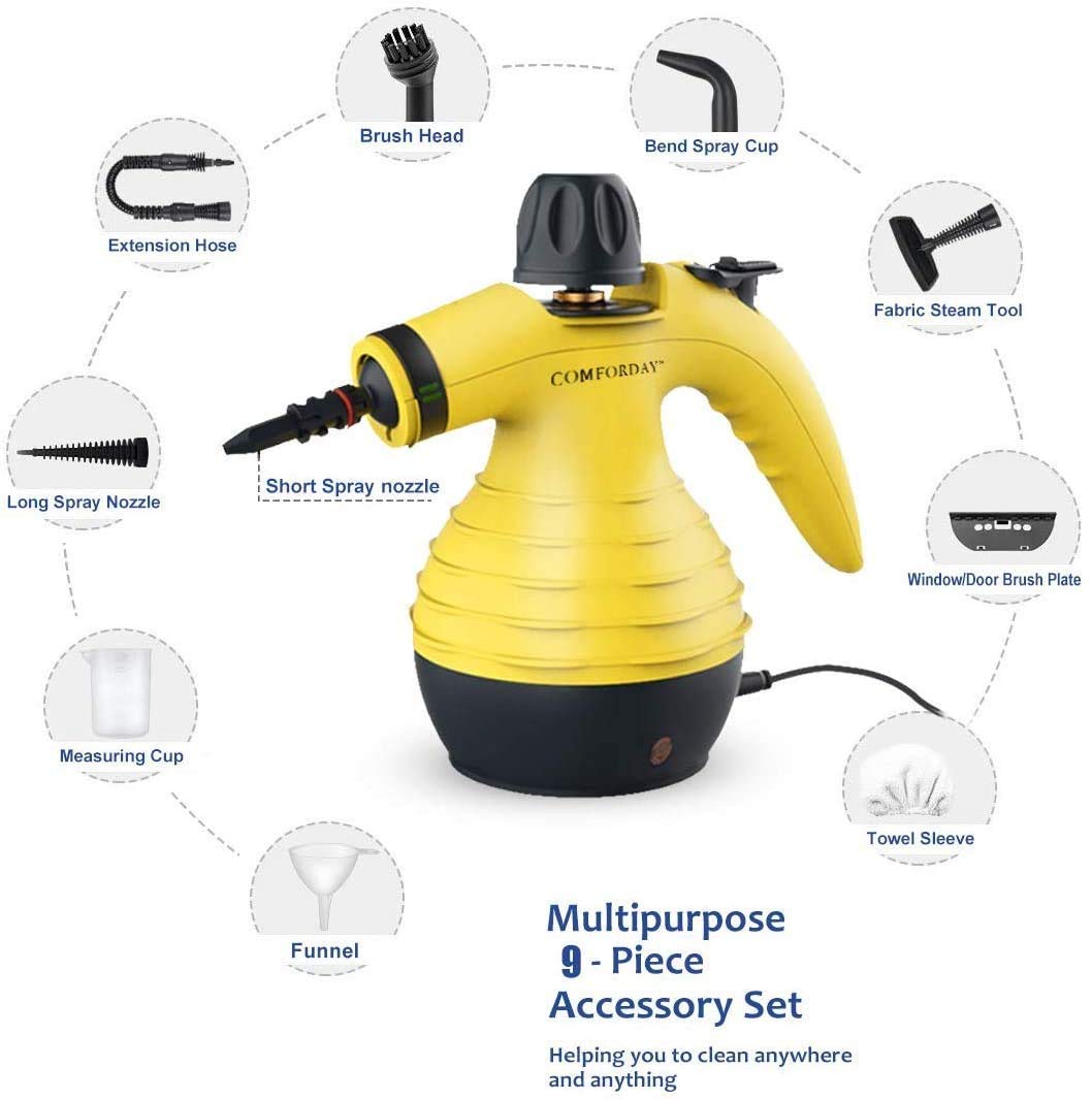 Comforday Multi-Purpose Handheld Steam Cleaner with 9 Piece Accessories for Stain Removal Carpets Curtains Car Seats Kitchen Surface Yellow normal