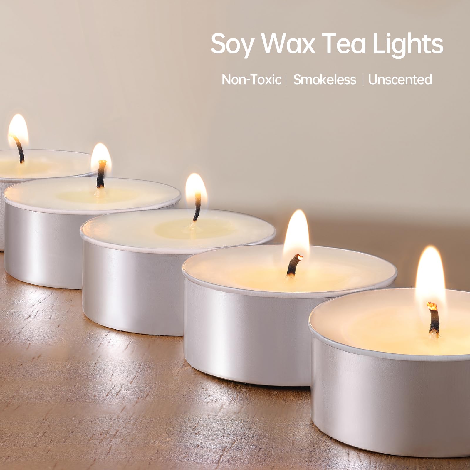 DEVI 6H Soy Wax White Tea Lights Candles 100 Pack Paraffin-Free, Soy Tealight Votive Candles Bulk-6 Hours Long Burning, Unscented Small Tea Candles-Burn Evenly, Candles for Boho Fall Decor