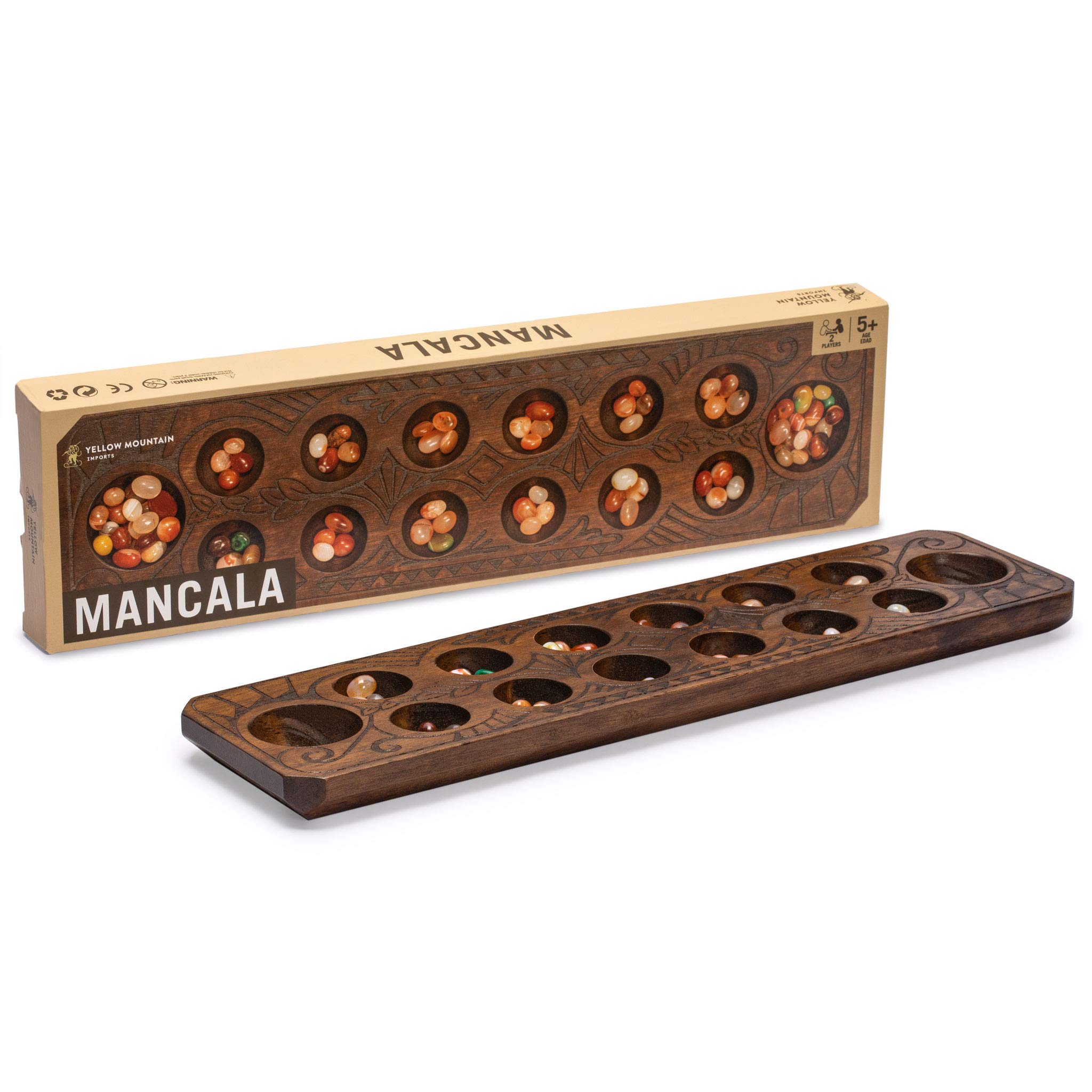 Yellow Mountain Imports Mancala Set with 17.3-Inch Solid Wood Board and Quartz Pebble Playing Pieces