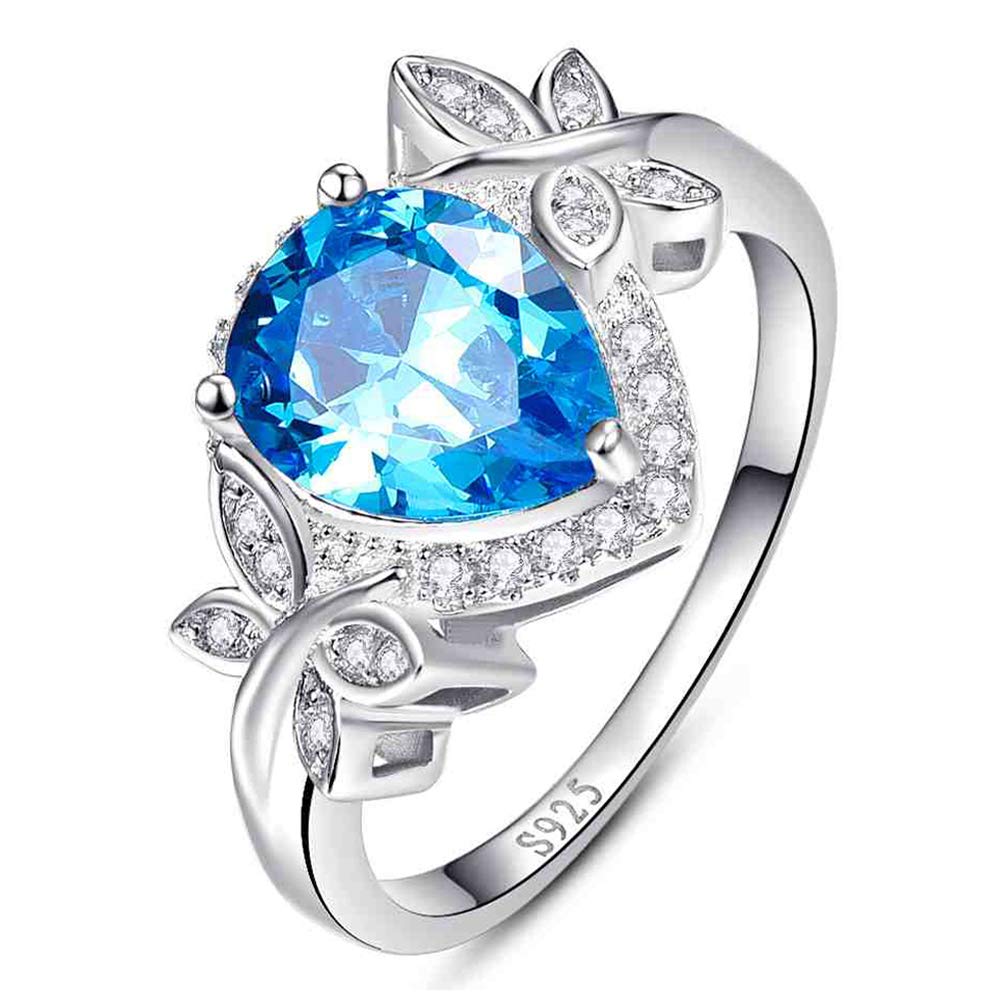 BONLAVIE 3.85ct Created 10 * 8mm Pear Cut Swiss Blue Topaz Ring with CZ Halo Butterfly Teardrop Stackable 925 Sterling Silver Engagement Rings Created Sapphire Rhinestone Ring for Women Size 6