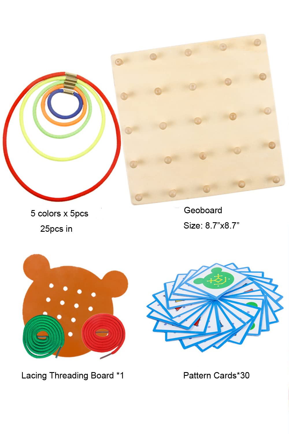 YHZAN Wooden Geoboard Graphing Peg Board Montessori Toddler Sensory Toy Colorful Rubber Bands Pattern Cards Preschool Learning Game