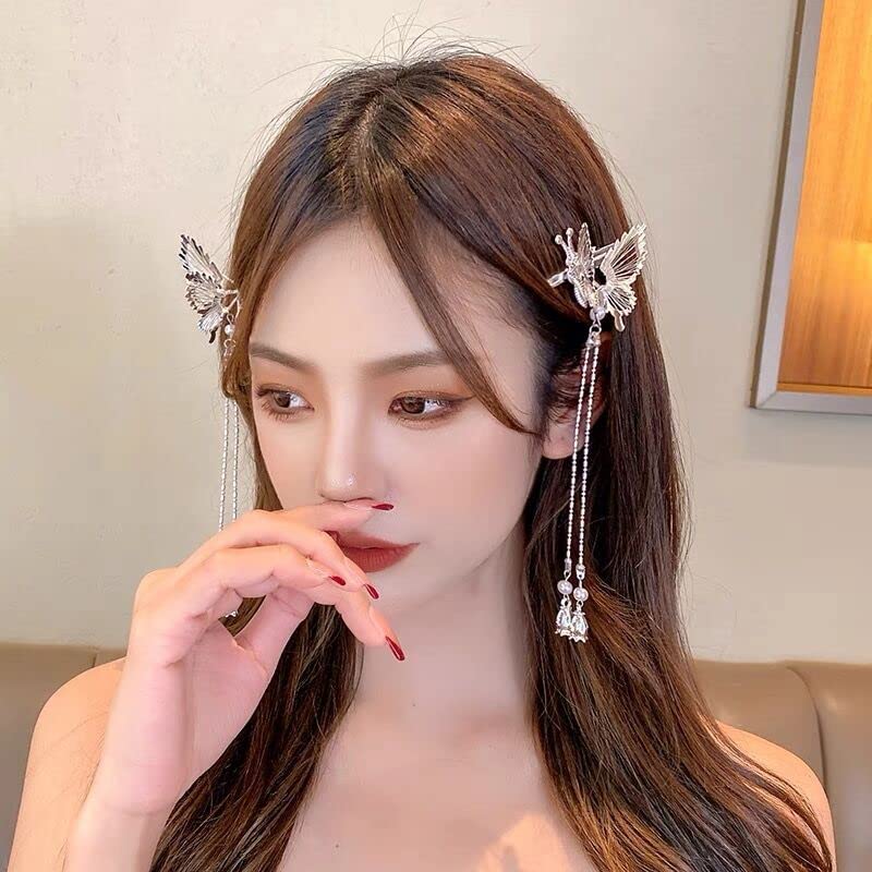 Flymind 6Pcs Moving Butterfly Tassel Hair Clips, Elegant Antique Side Hairpins Decorative Accessories for Women Girls (Silver)