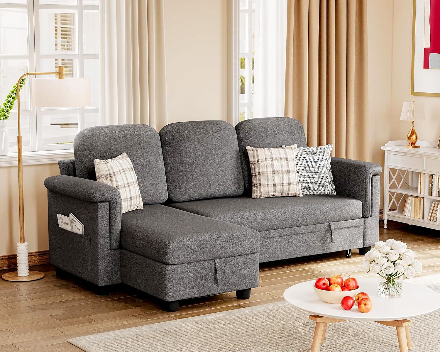 Furmax Sofa Bed Pull Out Couch with Side Storage Pockets L-Shaped Sleeper Sofa with Storage Chaise Sectional Couches for Living Room, Small Apartments (Linen, Gray)