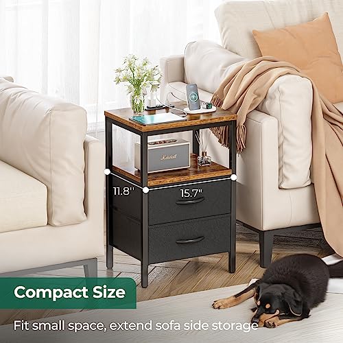 Huuger Nightstand with Charging Station, Side Table with Fabric Drawers, End Table with Open Shelf, Bedside Table with USB Ports and Outlets, Night Stand for Bedroom, Rustic Brown