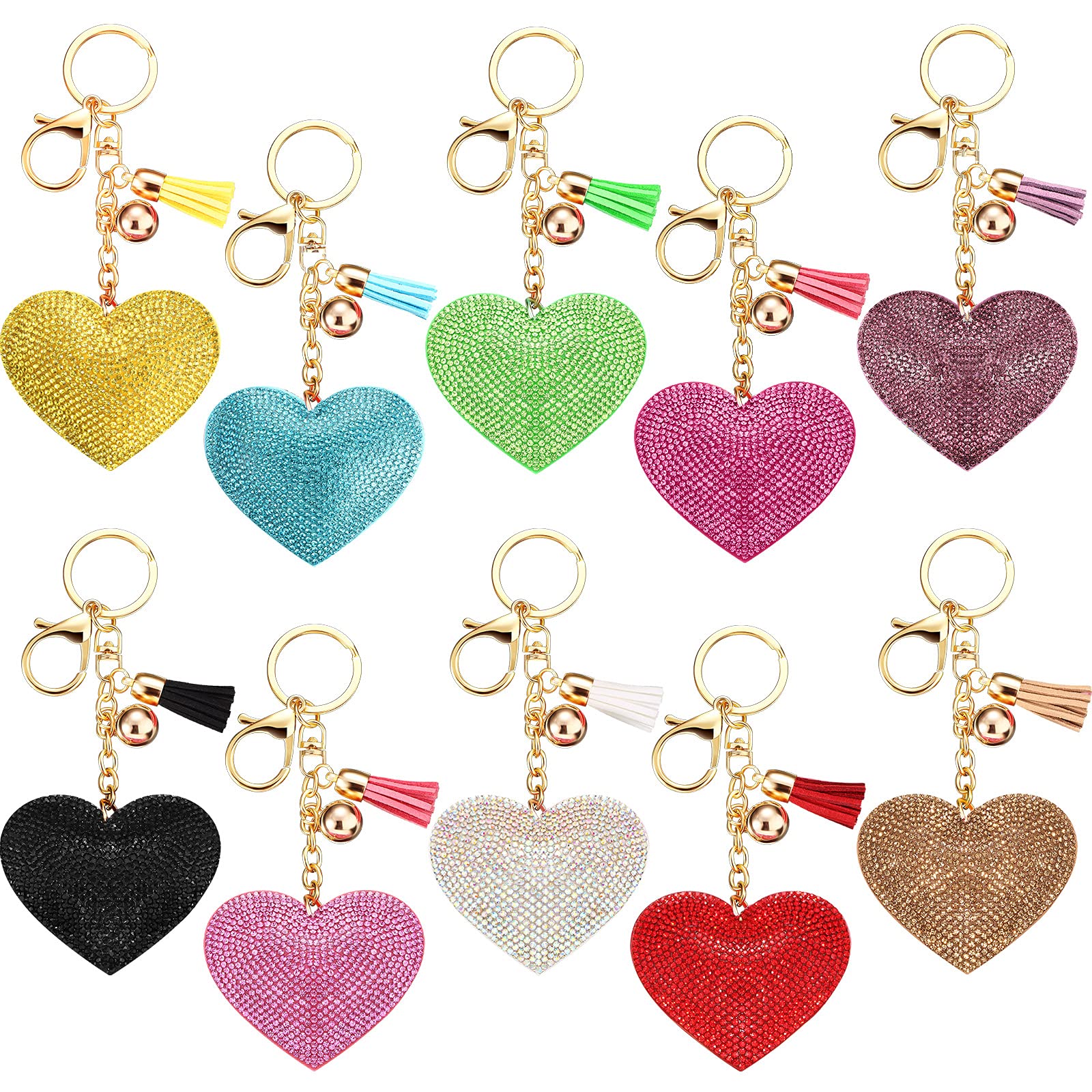Bling Rhinestone Heart Shape Keychains Glitter Crystal Heart Tassel Keychains Key Rings for Women Girls (Mixed Color, 10)