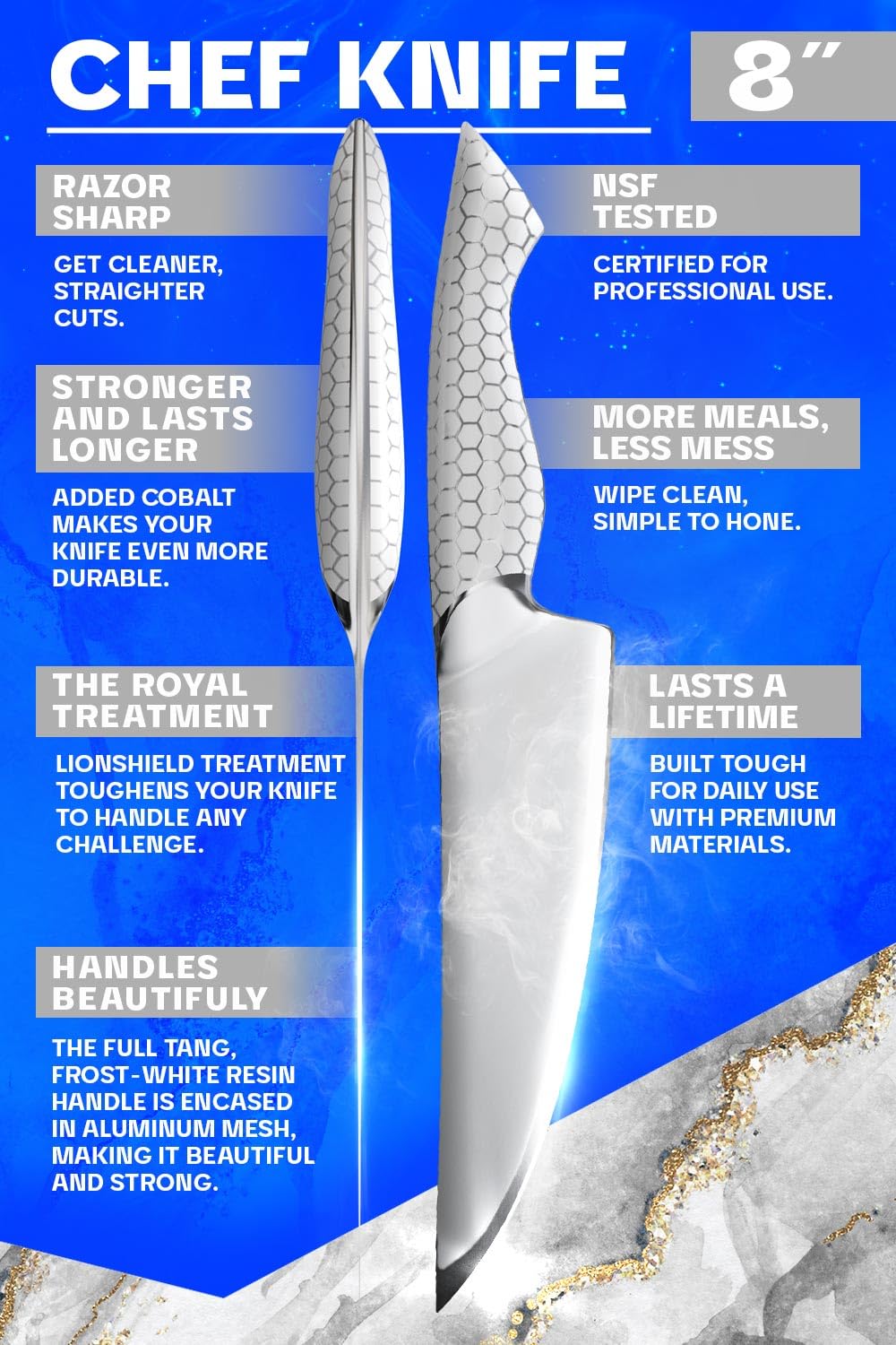 DALSTRONG Chef Knife - 8 inch - Frost Fire Series - High-Chromium 10CR15MOV Stainless Steel - Sand Blasted Frosted Finish Kitchen Knife - White Honeycomb Handle - Sheath - Chef's Knife - NSF Certified