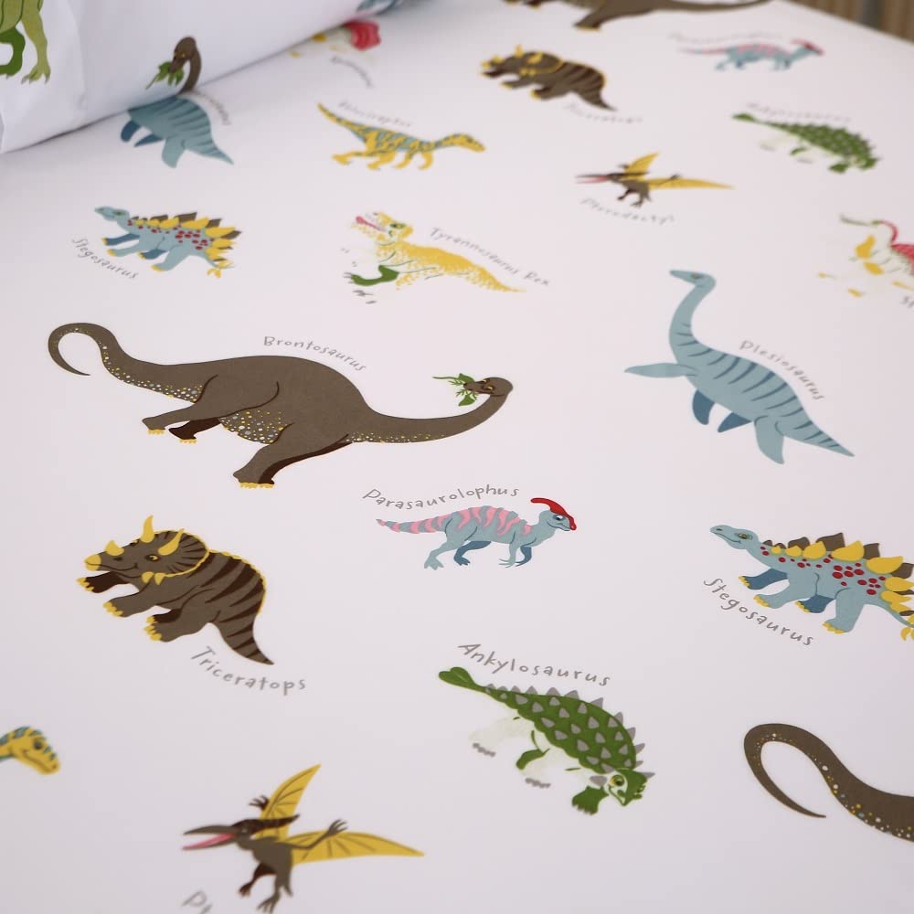 MAG Dinosaur Sheet Twin Size White Based Dinosaur Flat Sheet Only, Super Soft Microfiber, for Kids, Teens and Dinosaur Lovers, Twin Size