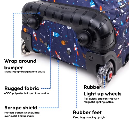 J World Lollipop Kids Rolling Backpack & Lunch Bag Set for Elementary School. Carry-On Suitcase with Wheels, Spaceship