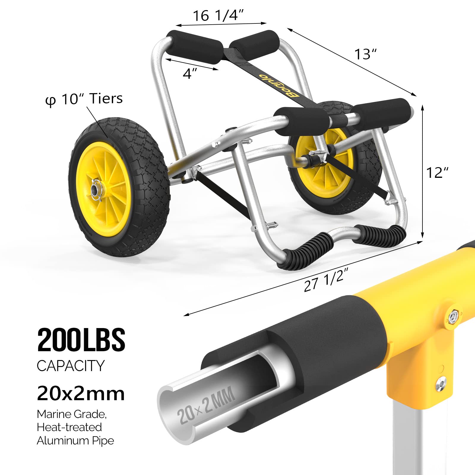 Bonnlo CART-CANOE Kayak Boat Carrier Tote Trolley Transport with 2 Ratchet Straps PU Solid Tires Wheel Yellow