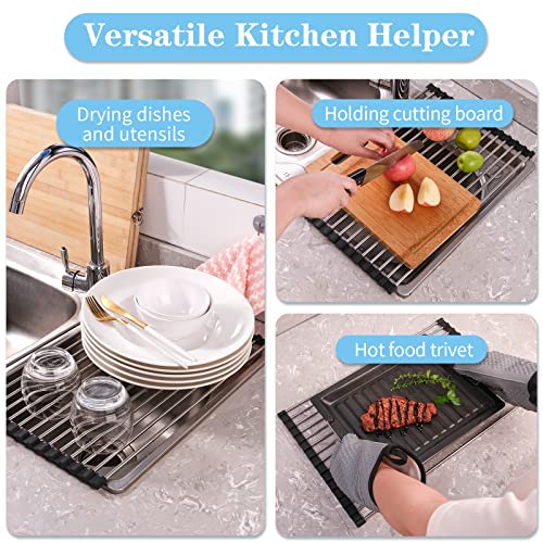 Seropy Roll Up Dish Drying Rack Over The Sink for Kitchen Organizer Rolling Dish Rack Over Sink Mat, Foldable Dish Drainer Stainless Steel Sink Rack Kitchen Organization Gadgets Gray and Black