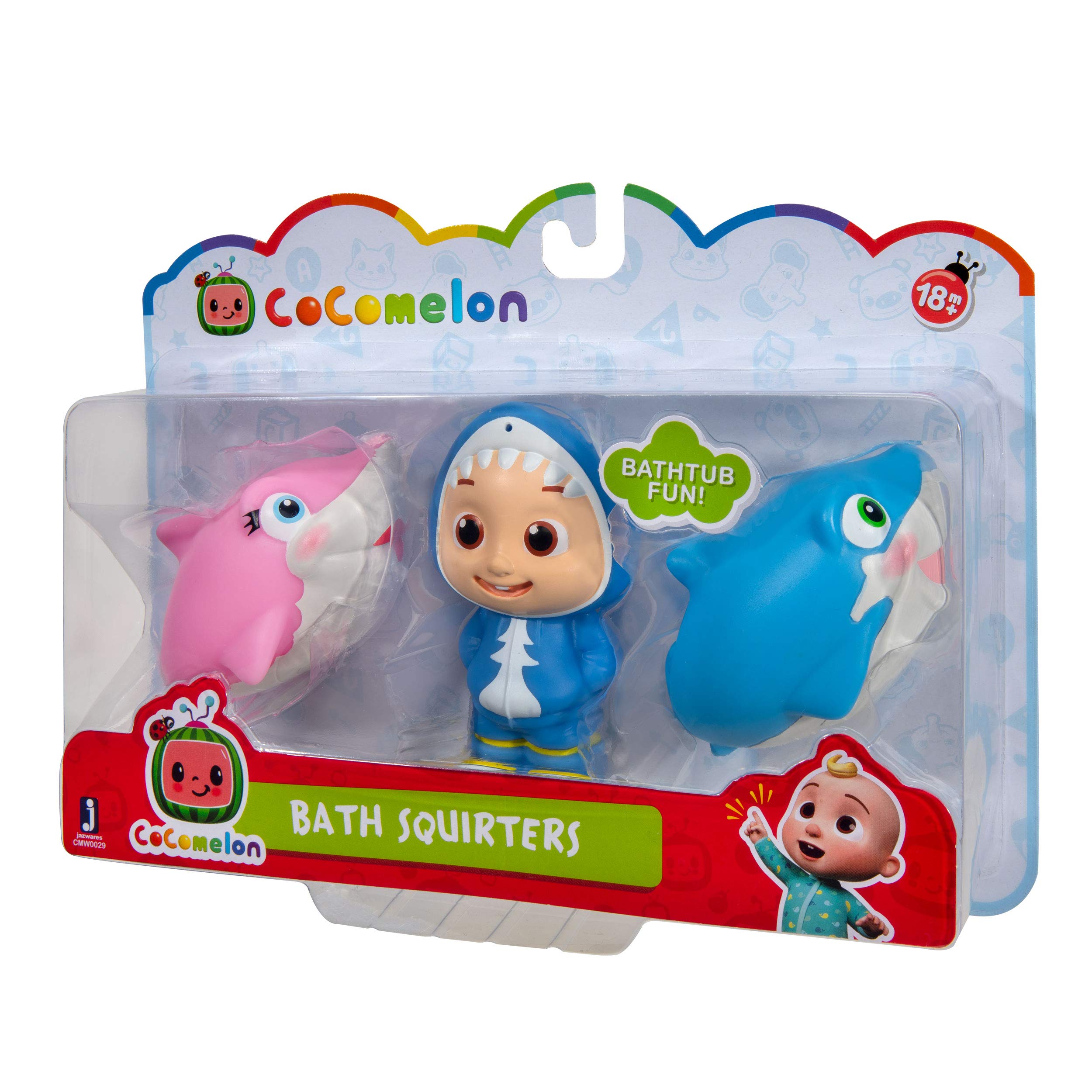 CoComelon Official Bath Squirters, Featuring JJ Character Toy (4β Tall) and 2 Sharks (4β Wide), Bath Time Fun Playset - Character Toys for Babies, Toddlers, and Kids