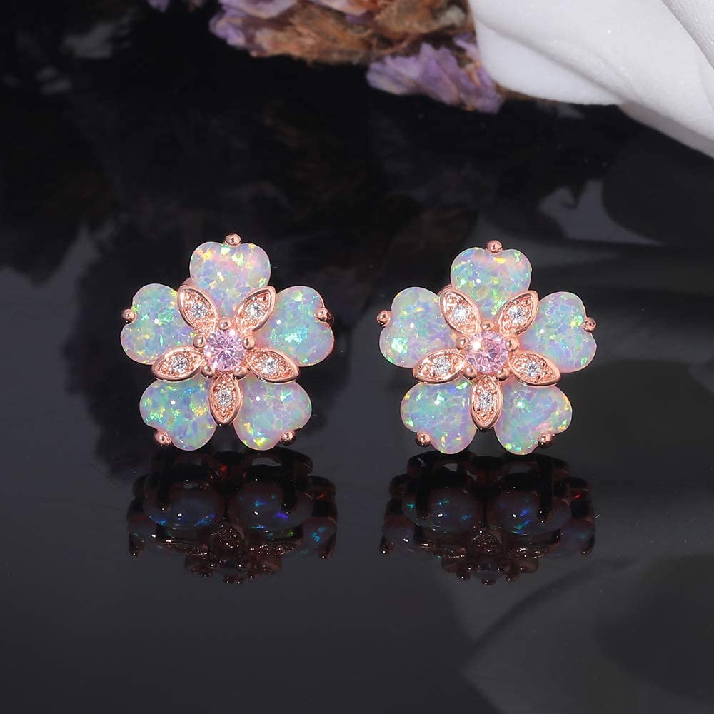 CiNily 14K Rose Gold Plated Flower Stud Earrings Womens Pink Opal Earrings Hypoallergenic Big Gemstone Stud Earrings 15mm