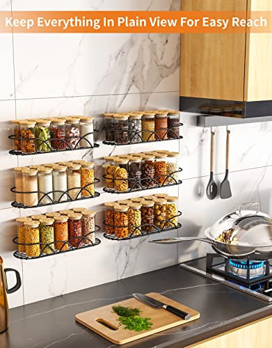 SWTYMIKI 6 Pack Spice Rack Wall Mount Rainbow Design Hanging Spice Shelf Organizer for Cabinet Strong & Stable Metal Seasoning Organizer for Kitchen Cabinet Wall and Pantry Organization Storage,Black