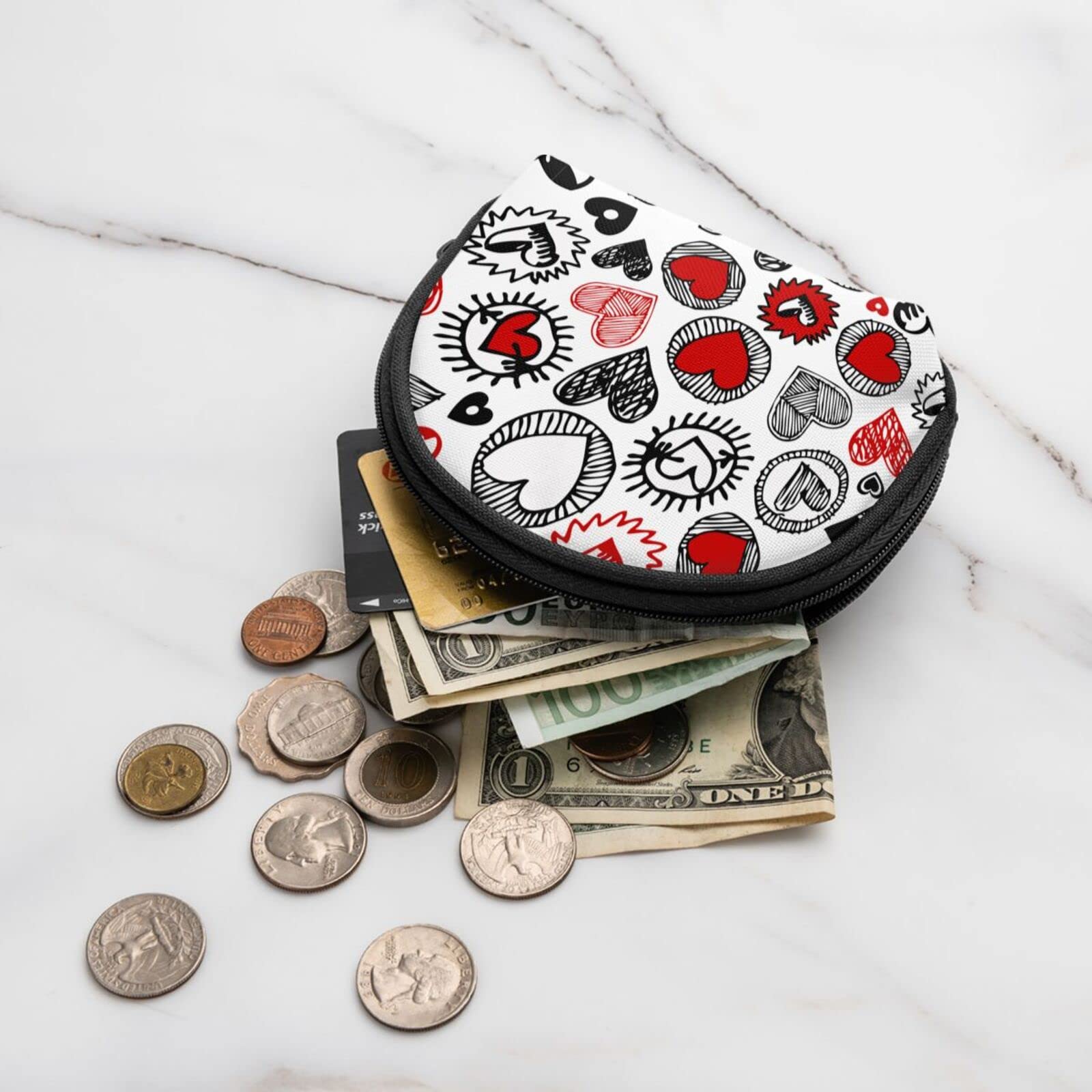 Coin Purse Pouch for Women Girls Zipper Small Change Purse Cute Shell Shape Red Hearts, 3.5x4.7inches