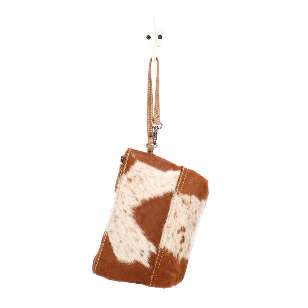 Myra Bag Snowy & Cocoa Upcycled Canvas & Cowhide Wristlet Pouch Bag S-1471