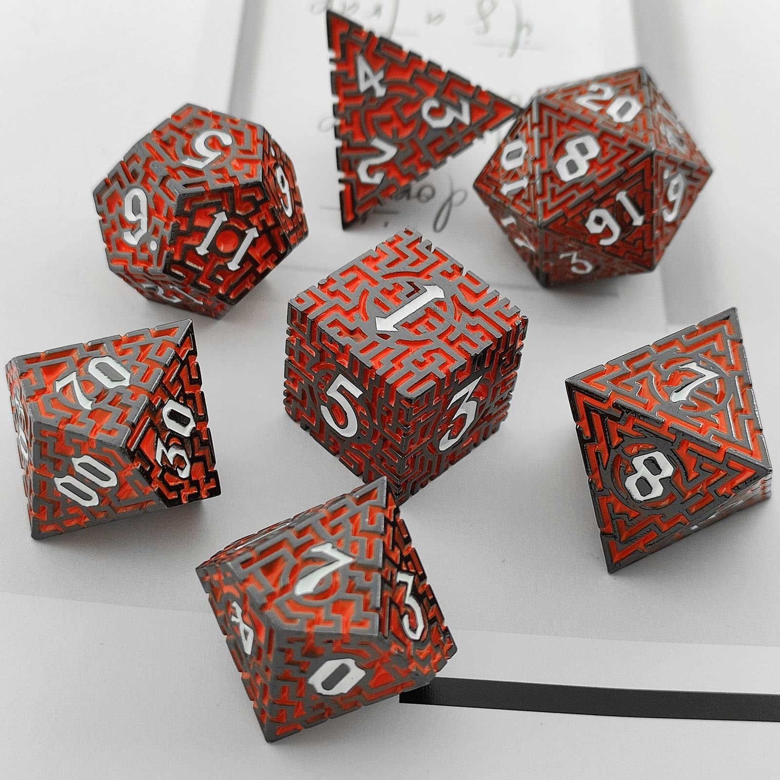DND Metal Dice Set D&D Dungeons and Dragons Dice Polyhedron RPG Pathfinder MTG Table Games D and D Accessories 7pcs D20 D12 D10 D% D8 D6 D4 with Black Leather Bag Gift-Nickel Orange White
