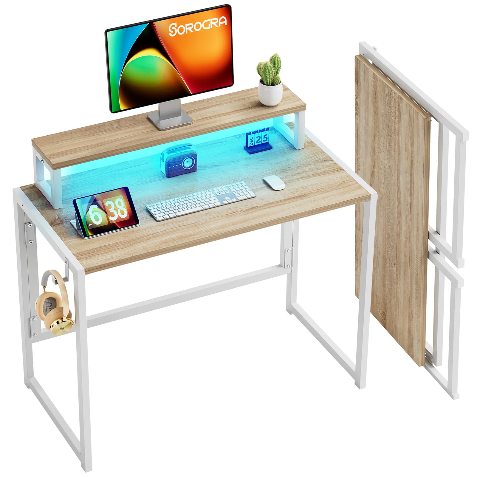 SOROGRA Small Folding Desk 31.5 Inch, Foldable Computer Desks with LED Lights and Monitor Stand, Work Portable Table for Home Office Bedroom, Oak